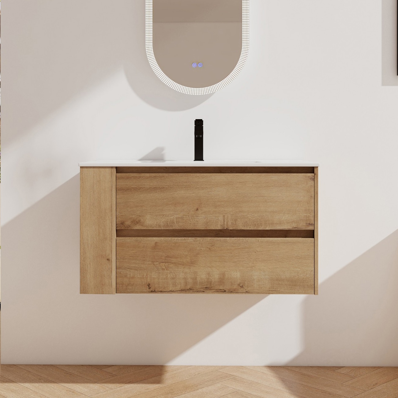 Dexmalle 36-in Oak Wall-Mounted Single Sink Bathroom Vanity with White ...