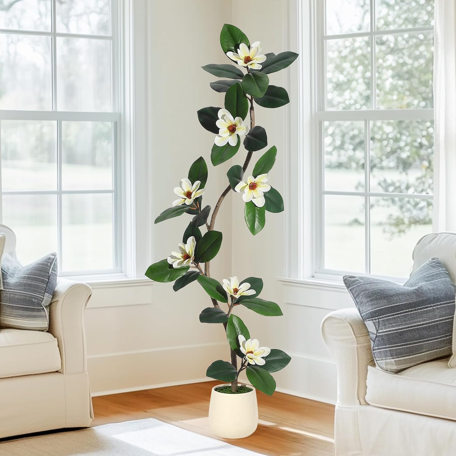 Garvee 5FT Artificial Magnolia Tree with 7 White Flowers 64 Green ...