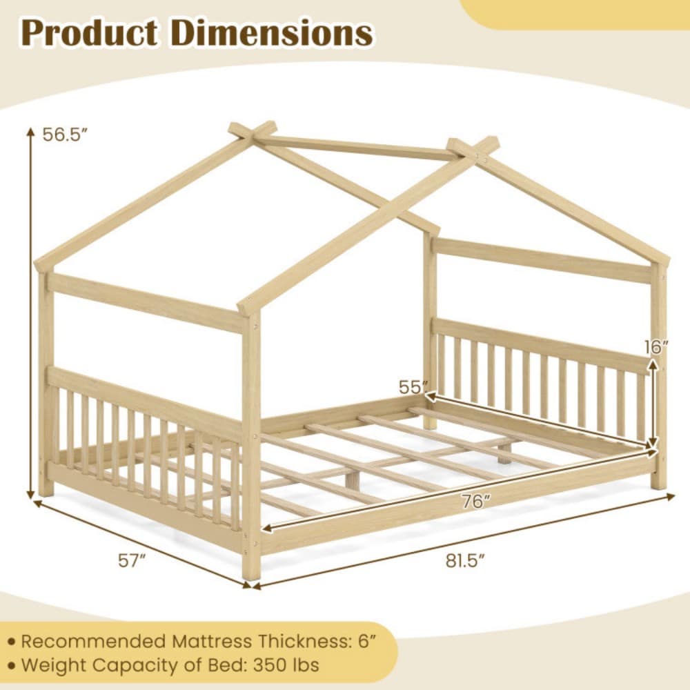 Fenbeli Full Size Wooden House Bed Frame with Montessori Low Profile ...