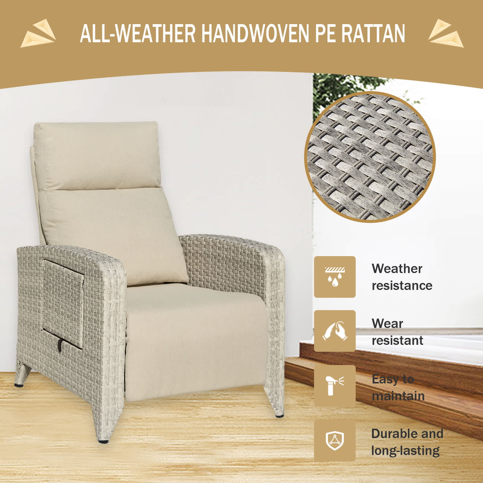 Rbied Outdoor Recliner Single Wicker Adjustable Back Footrest Flip ...