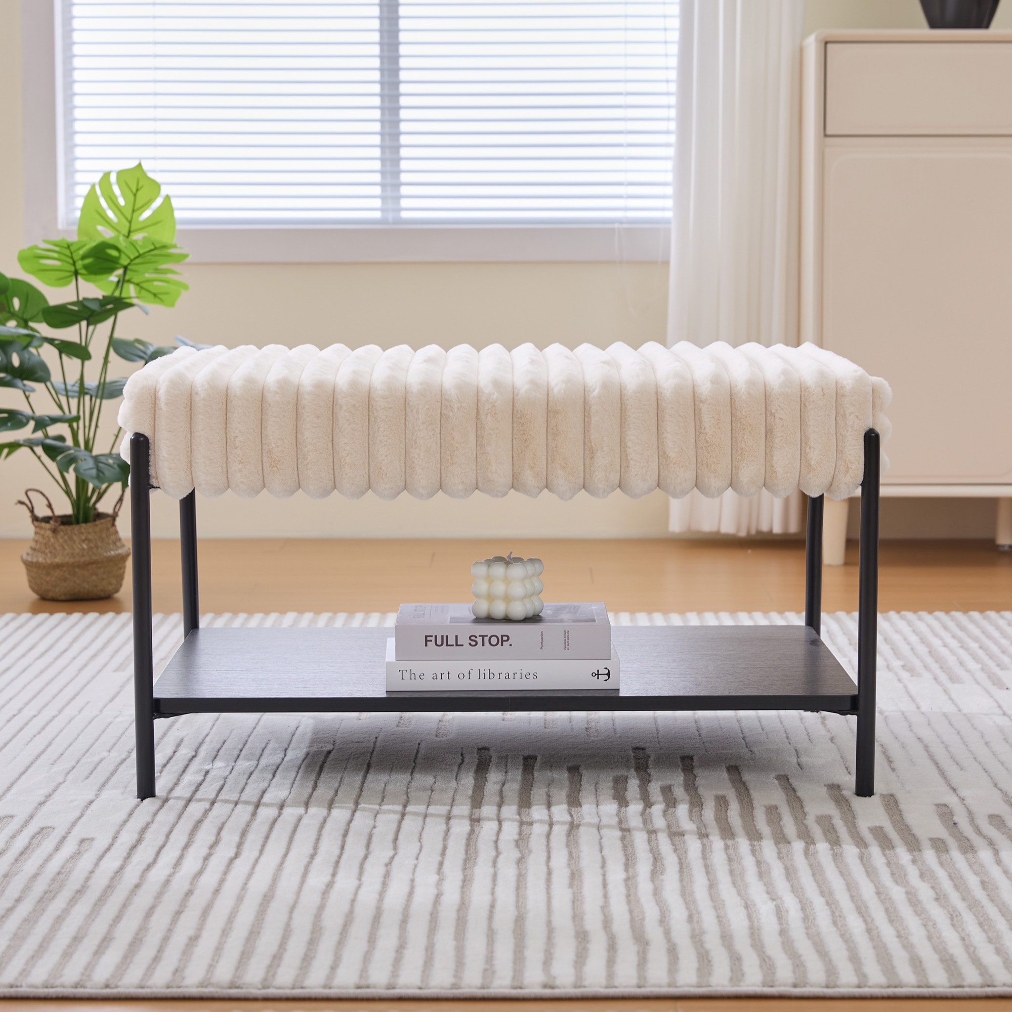 LOVMOR Upholstered Ottoman Coffee Table with Black Metal Legs Footstool ...