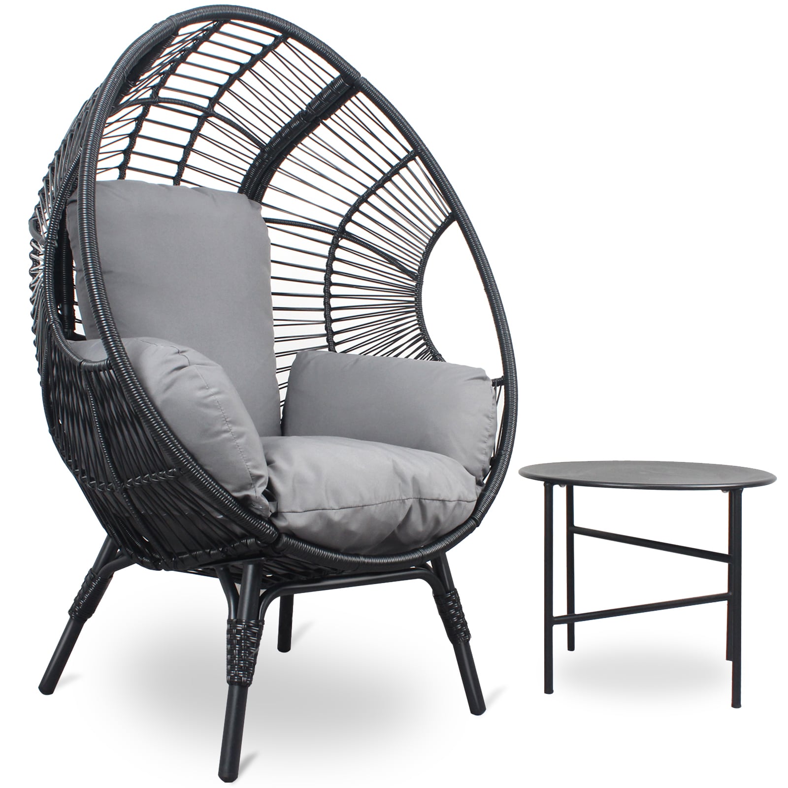 Forclover PE Wicker Egg Chair with Side Table Rattan Black Steel Frame ...