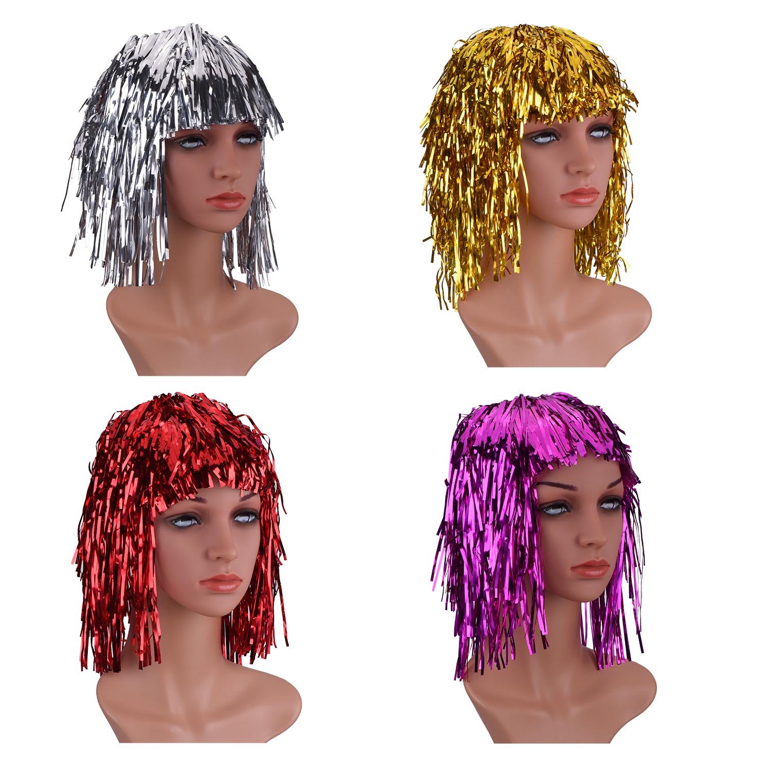 Aoibox 4 Piece Metallic Foil Tinsel Wig Set Gold Silver Red Pink One ...