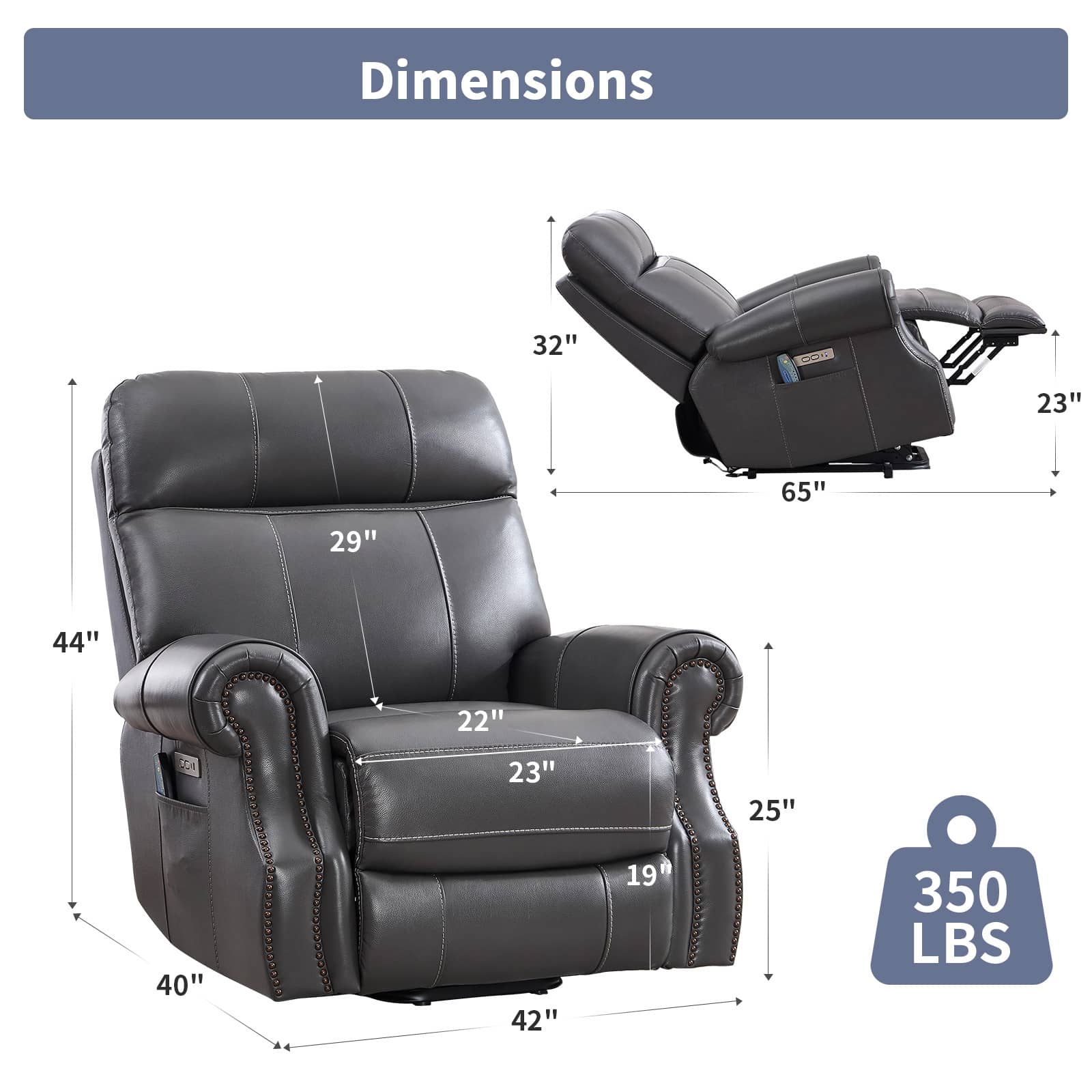 Bestier Dark Blue Genuine Leather Massage Recliner Chair with USB Port ...
