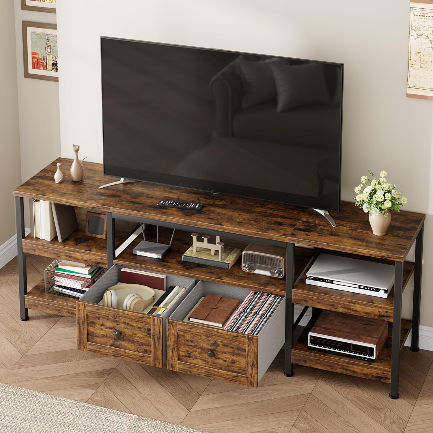 Garvee 63in Industrial TV Stand with 2 Drawers for TVs Up to 75in ...