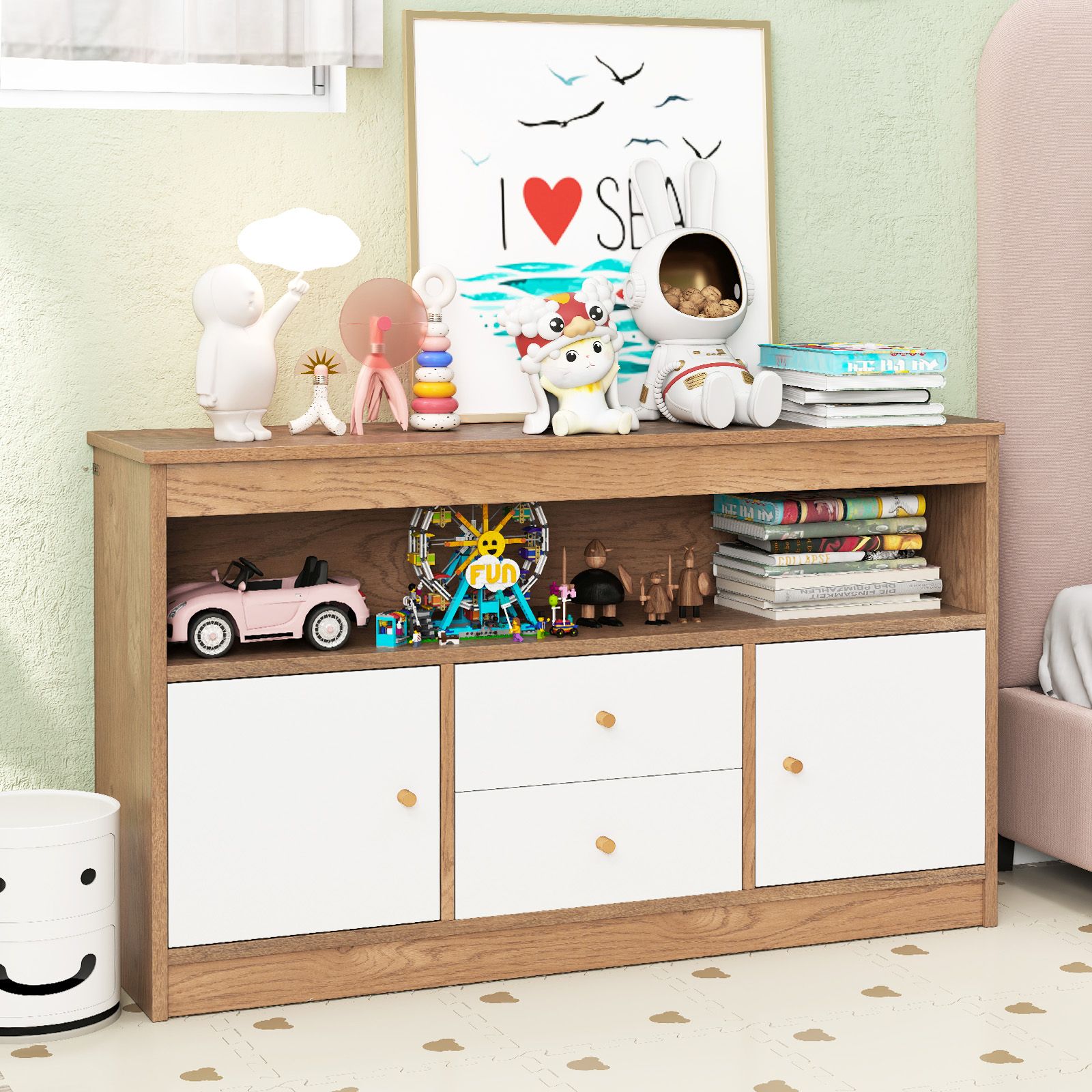 Slickblue Kids Toy Natural/White Storage Organizer Accent Cabinet with ...