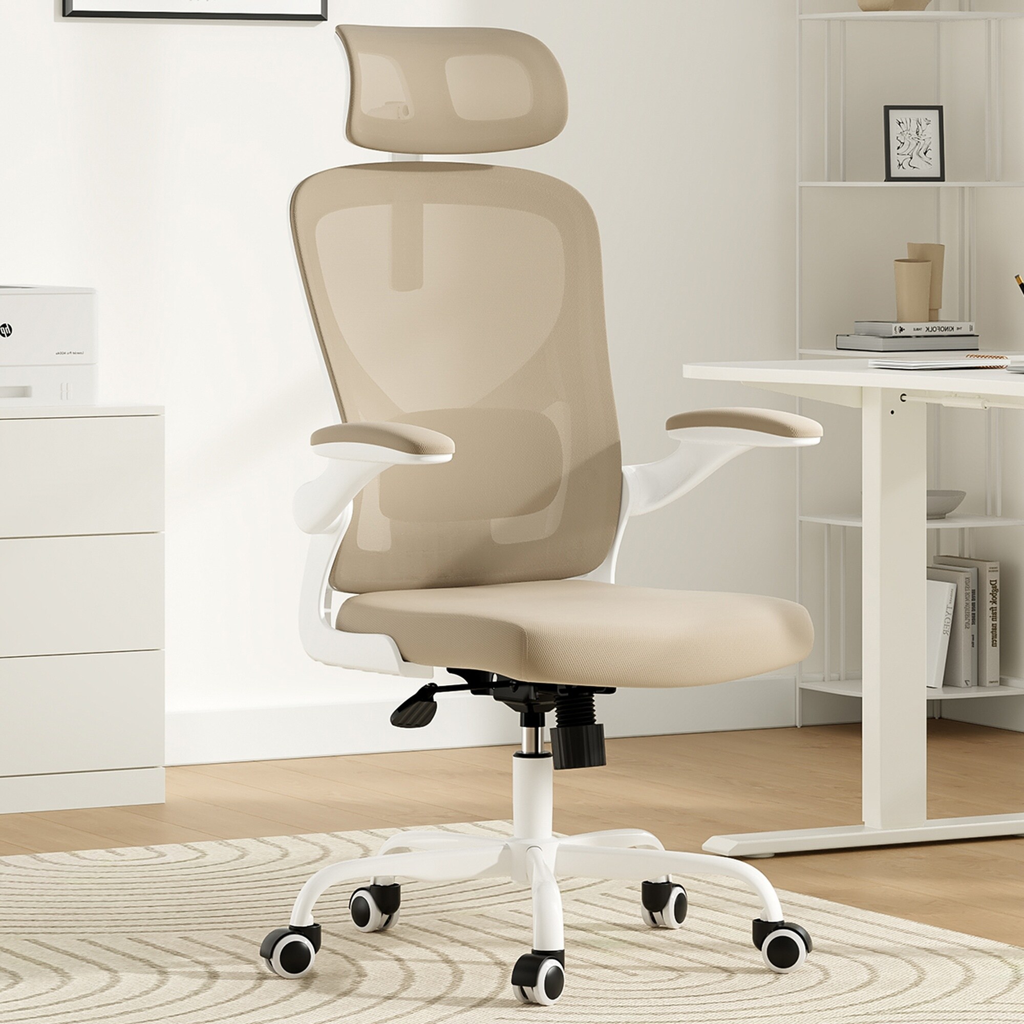 HyperDrop Cart White and Khaki High-Back Mesh Office Chair with ...
