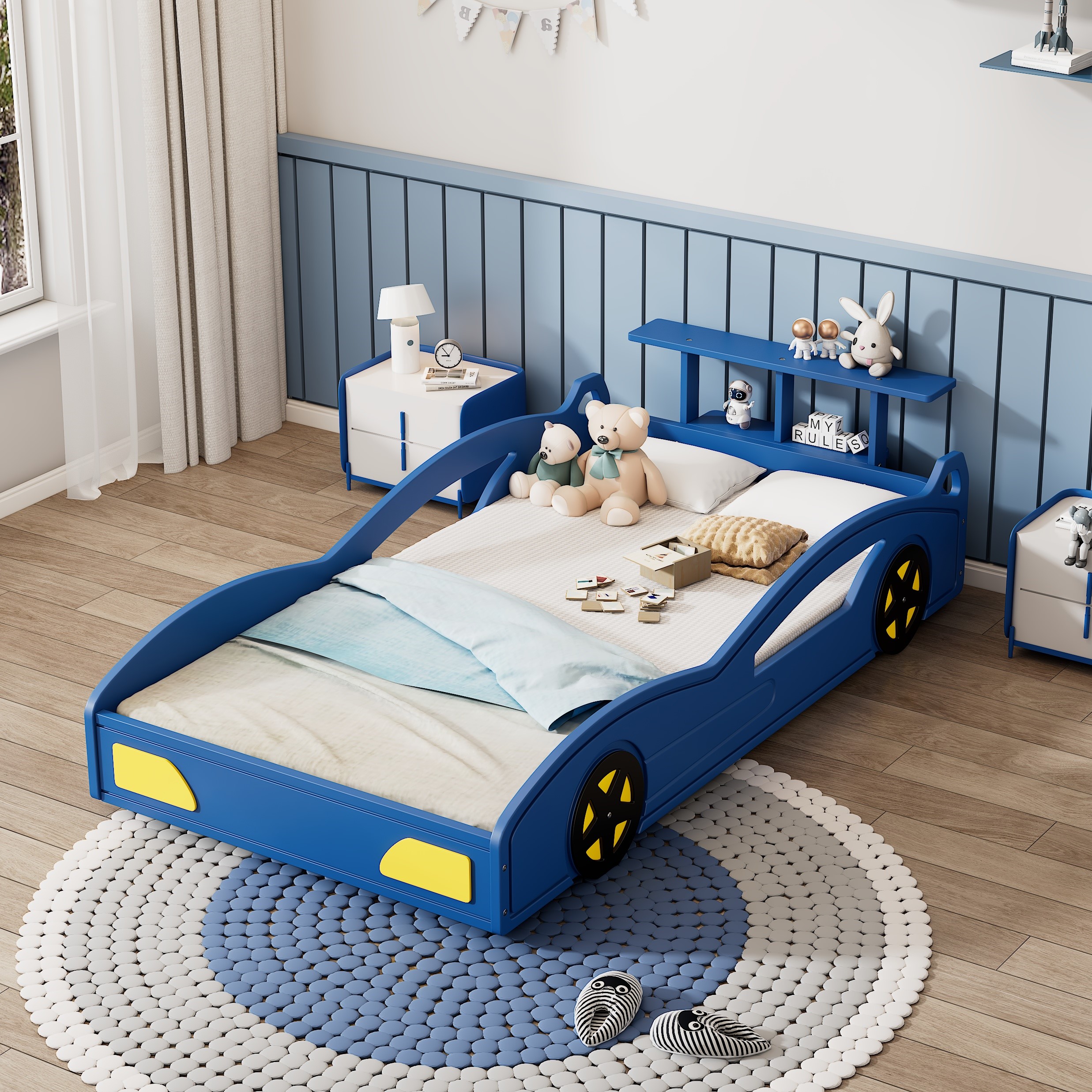 ModernLuxe Wooden Race Car BedCarShaped Platform Twin Bed with Wheels ...