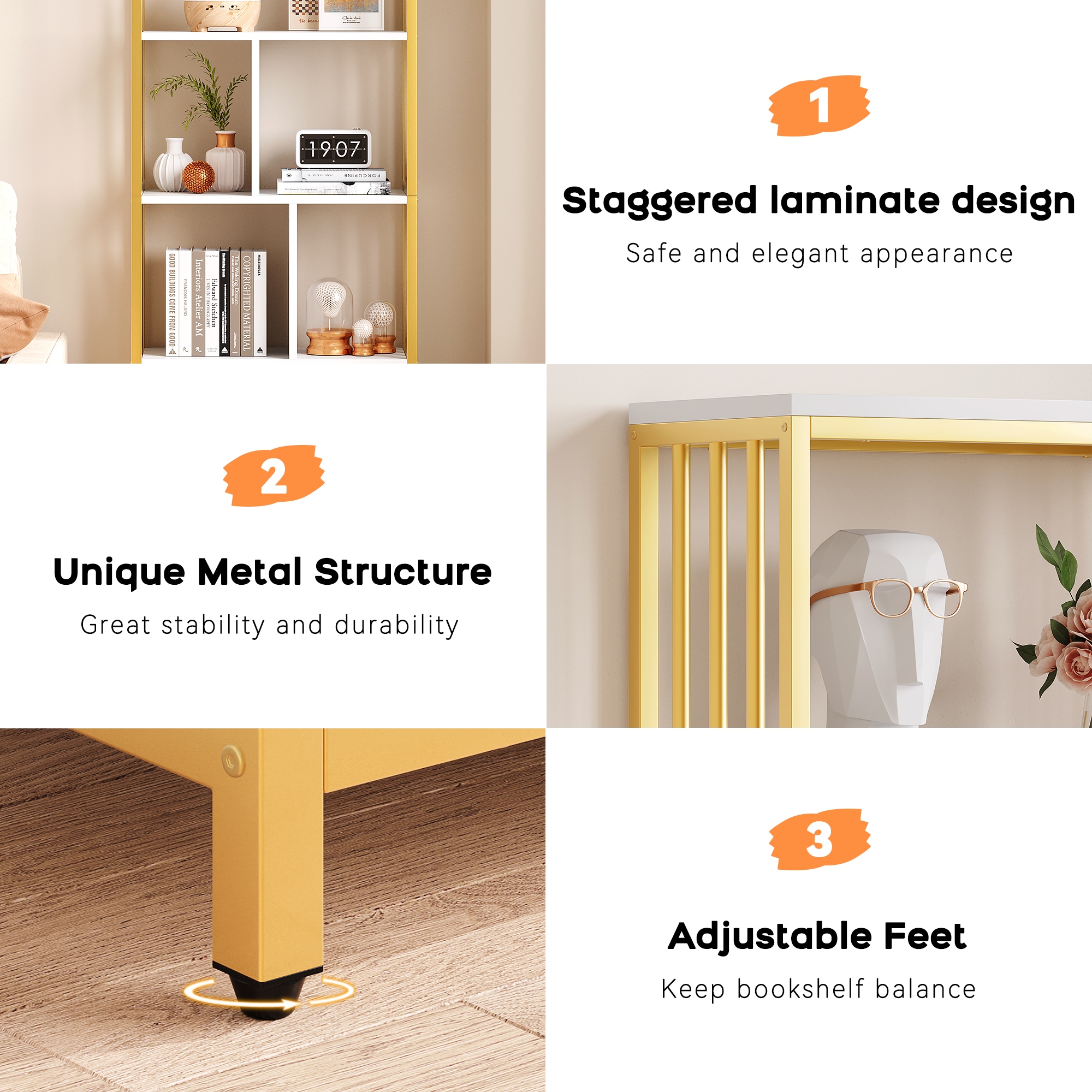 Garvee Modern White and Gold 4 Tier Metal Bookcase with Drawers and ...