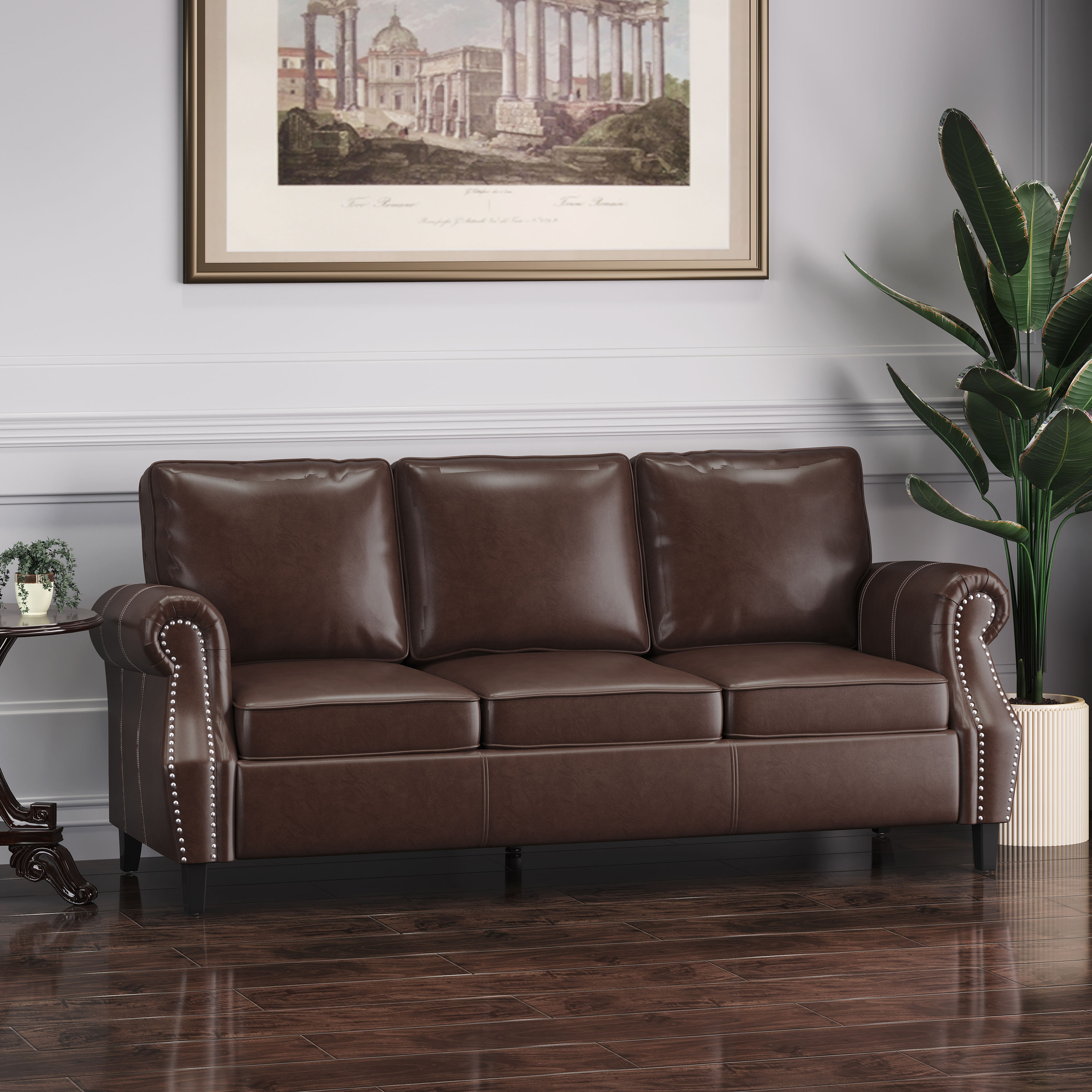 Christopher Knight Home Dowd Faux Leather 3 Seater Sofa with Nailhead ...