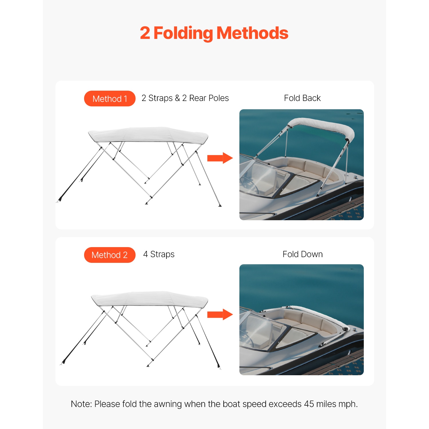 VEVOR 4 Bow Boat Bimini Tops 600D Polyester Canopy with Aluminum Alloy ...
