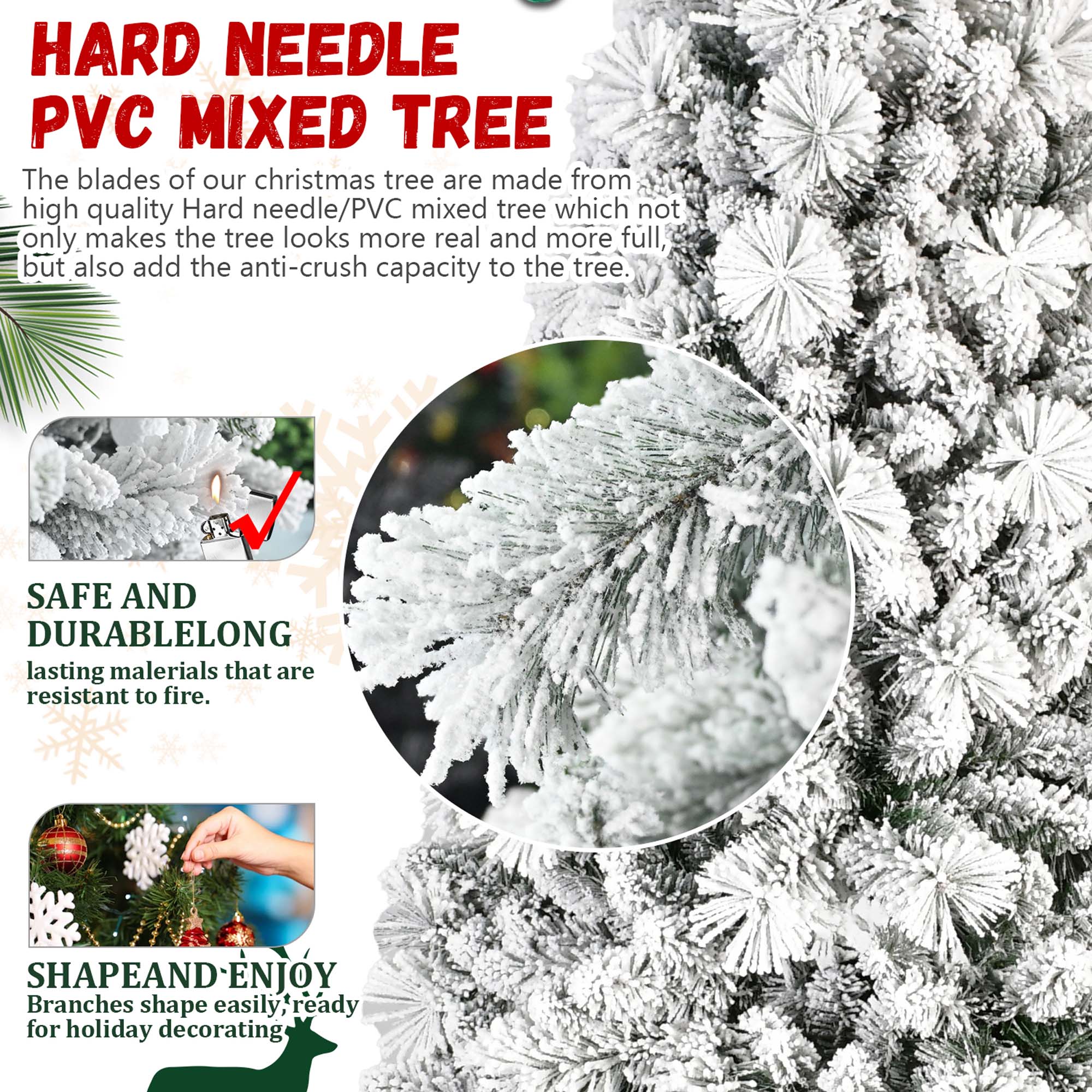 7 FT Snowy Flocked Unlit Artificial Christmas Tree with 1060 Snowy ...