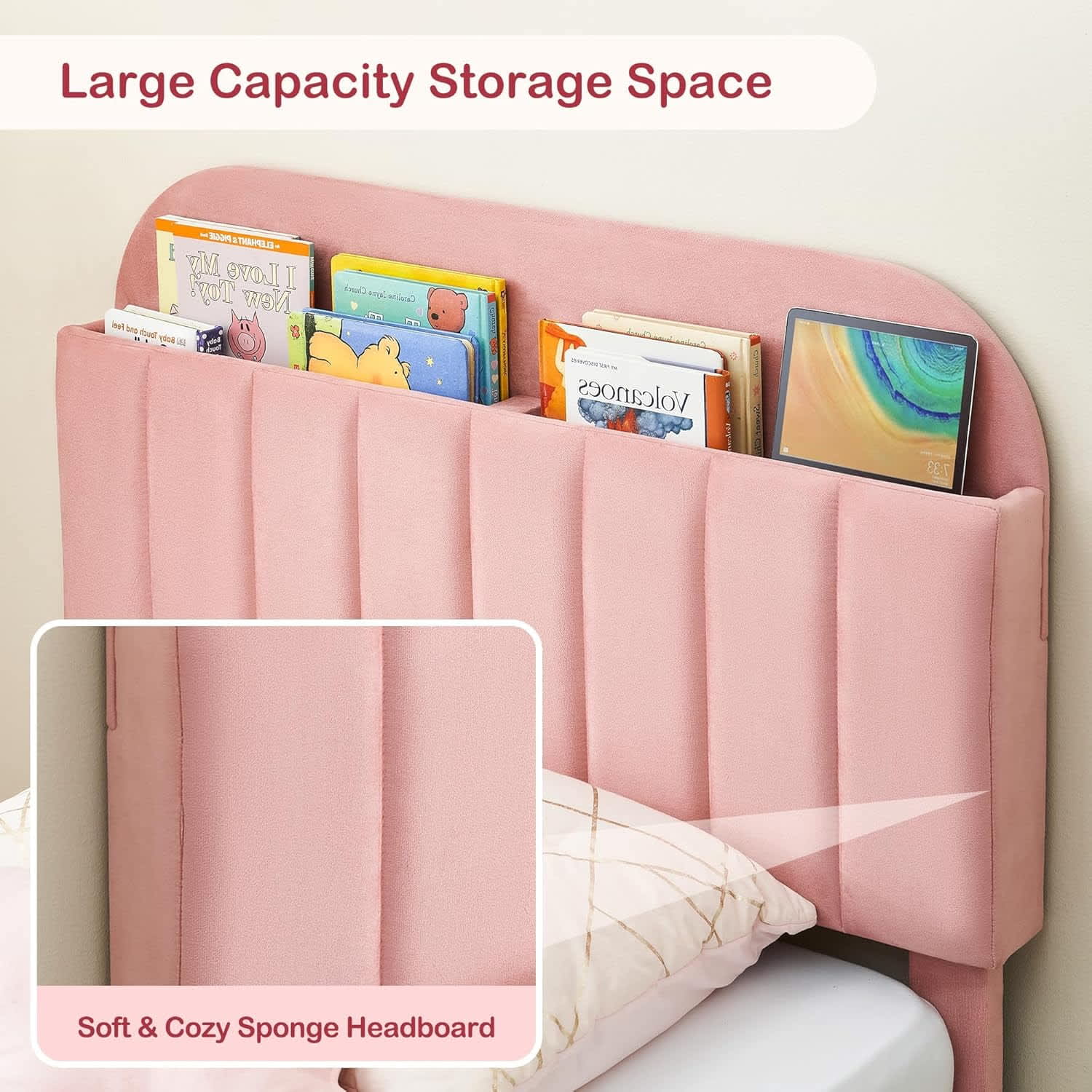 Qeetex Full Size Bed Frame with Bookcase Headboard Upholstered Platform ...
