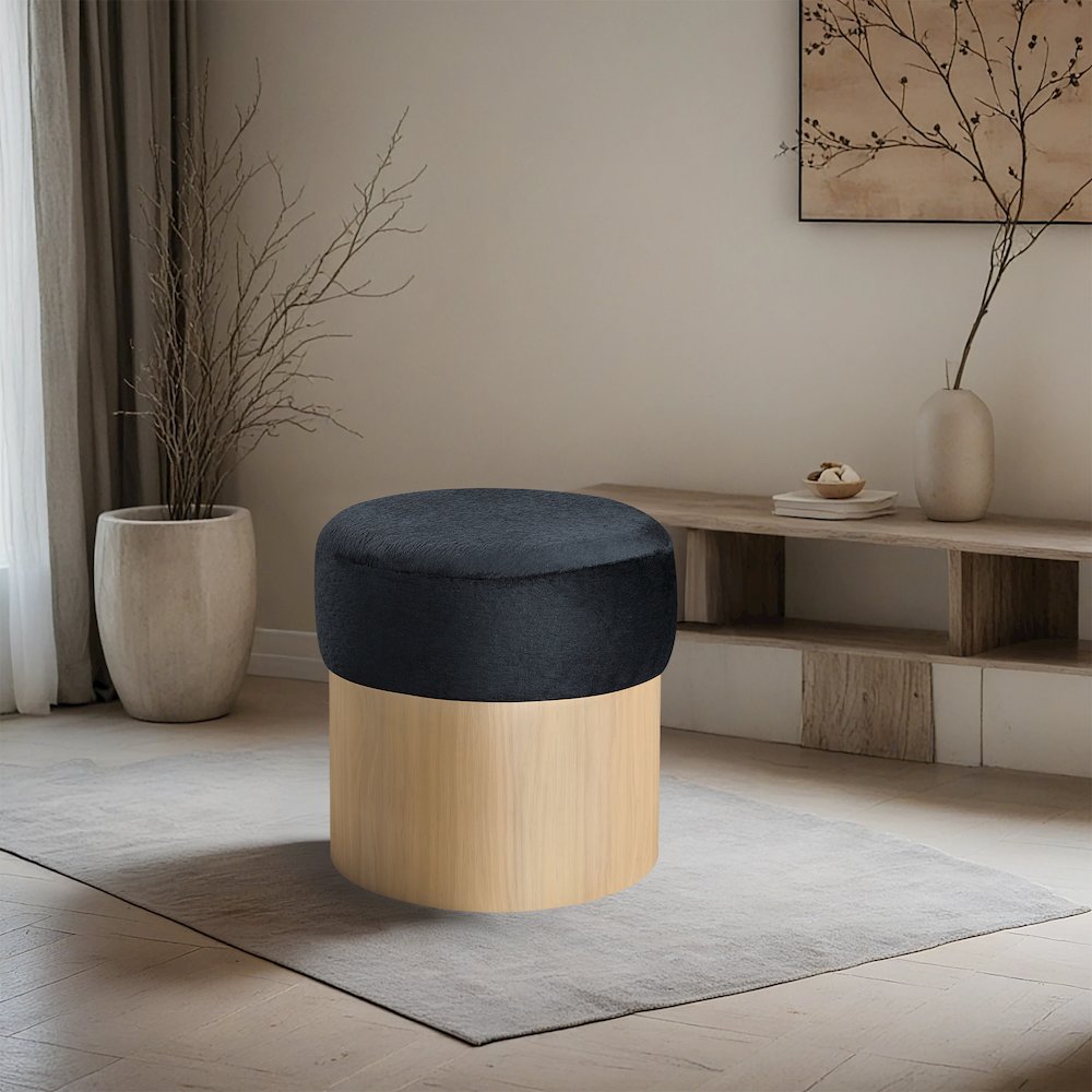 Meridian Nimes Black Velour Fur Fabric Ottoman Stool in the Ottomans ...