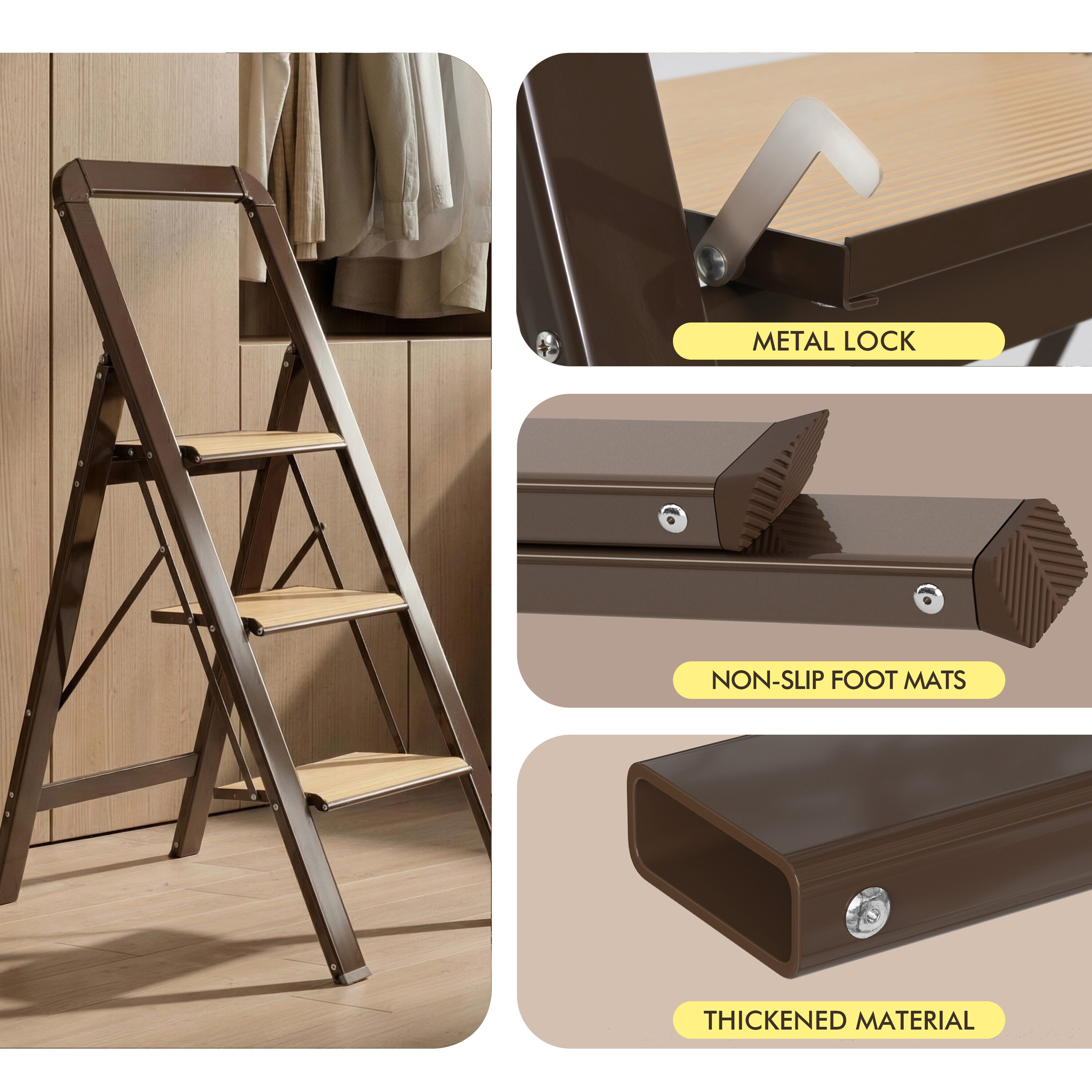 GLANZEND 3 Step Brown Aluminum Safety Lock Anti Slip Handrail Folding ...