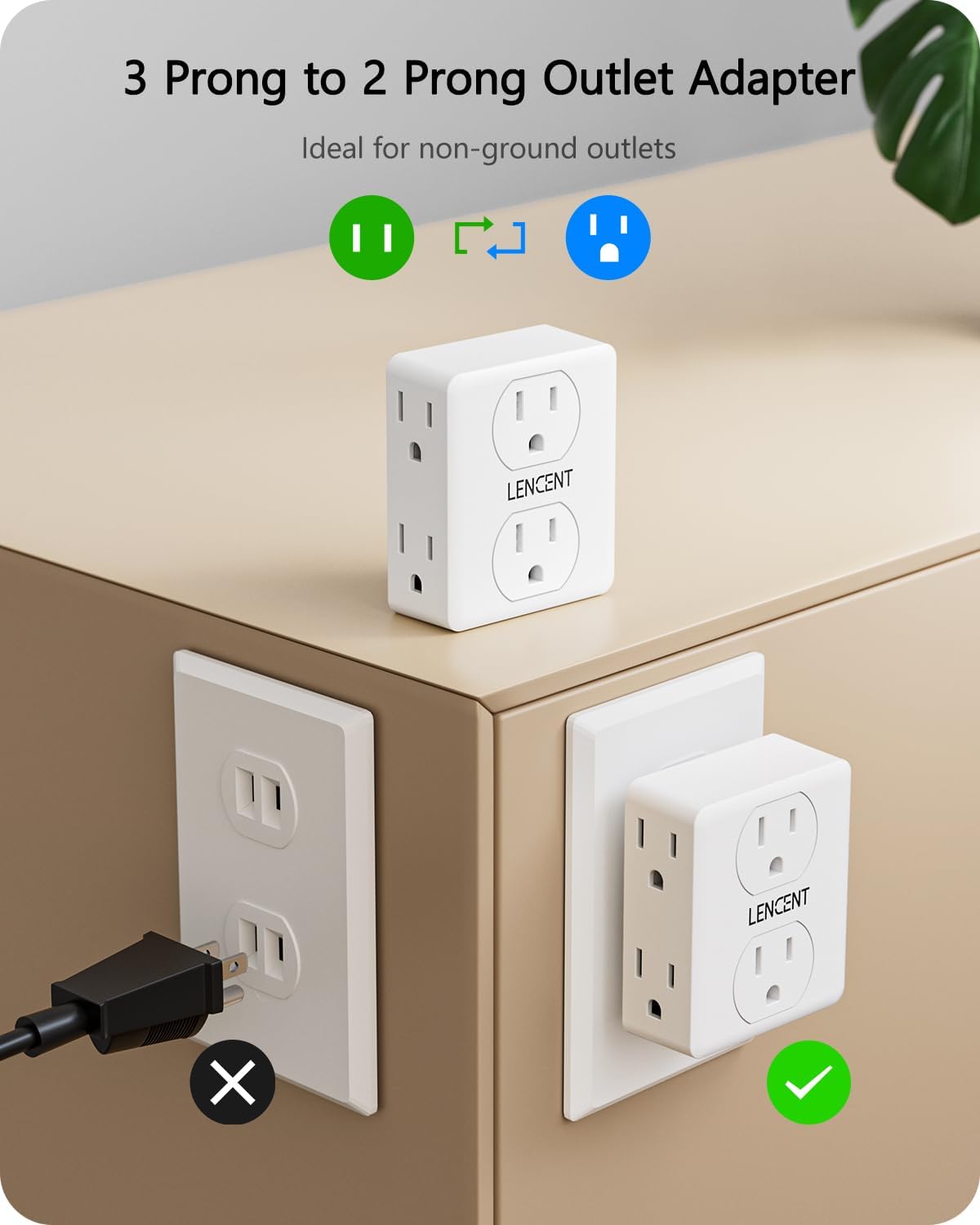 LENCENT 2 to 3 Prong Outlet Adapter 2 Prong Power Strip 6 Widely Spaced ...