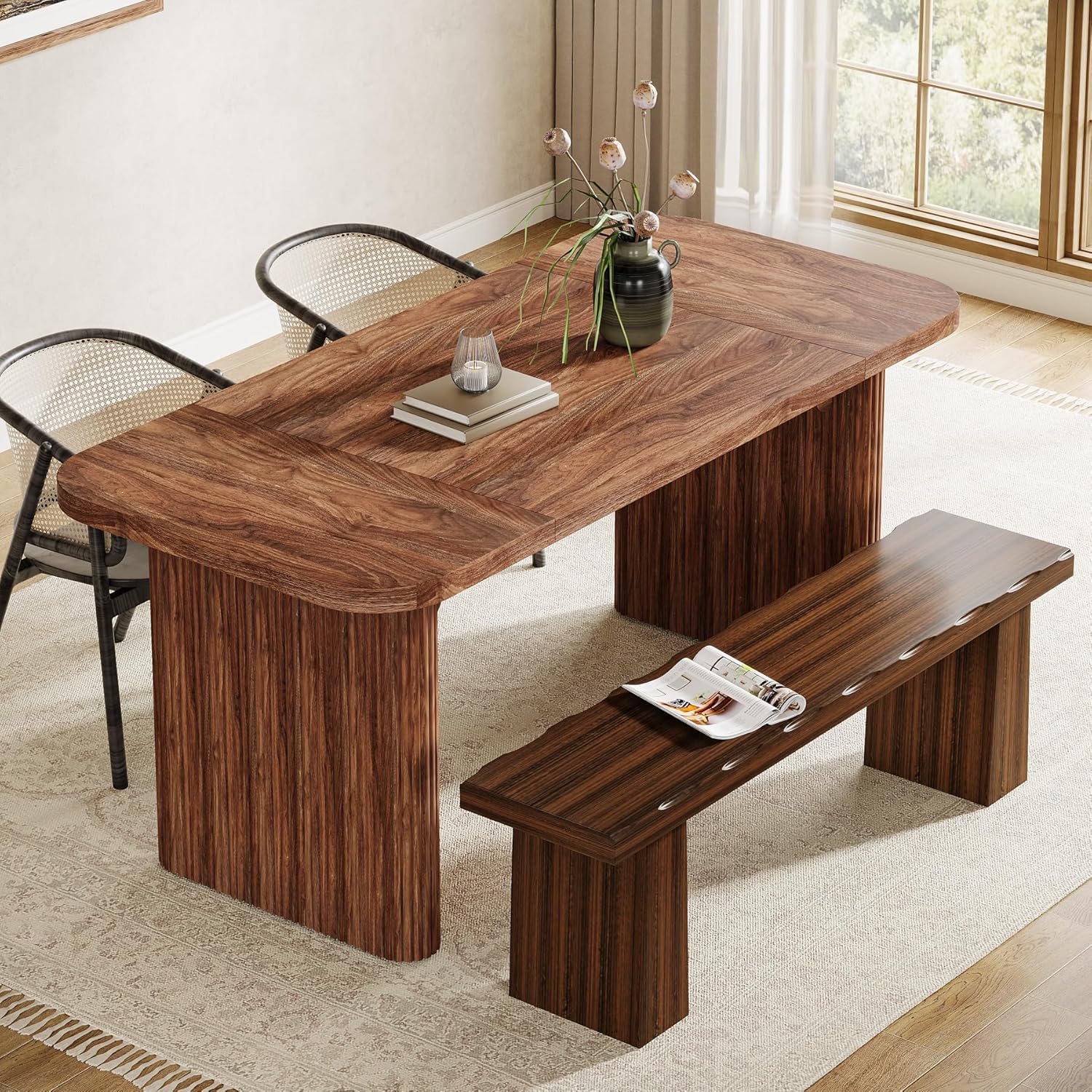 Tribesigns Walnut 47 inch W Farmhouse Dining Bench with Sturdy Frame ...