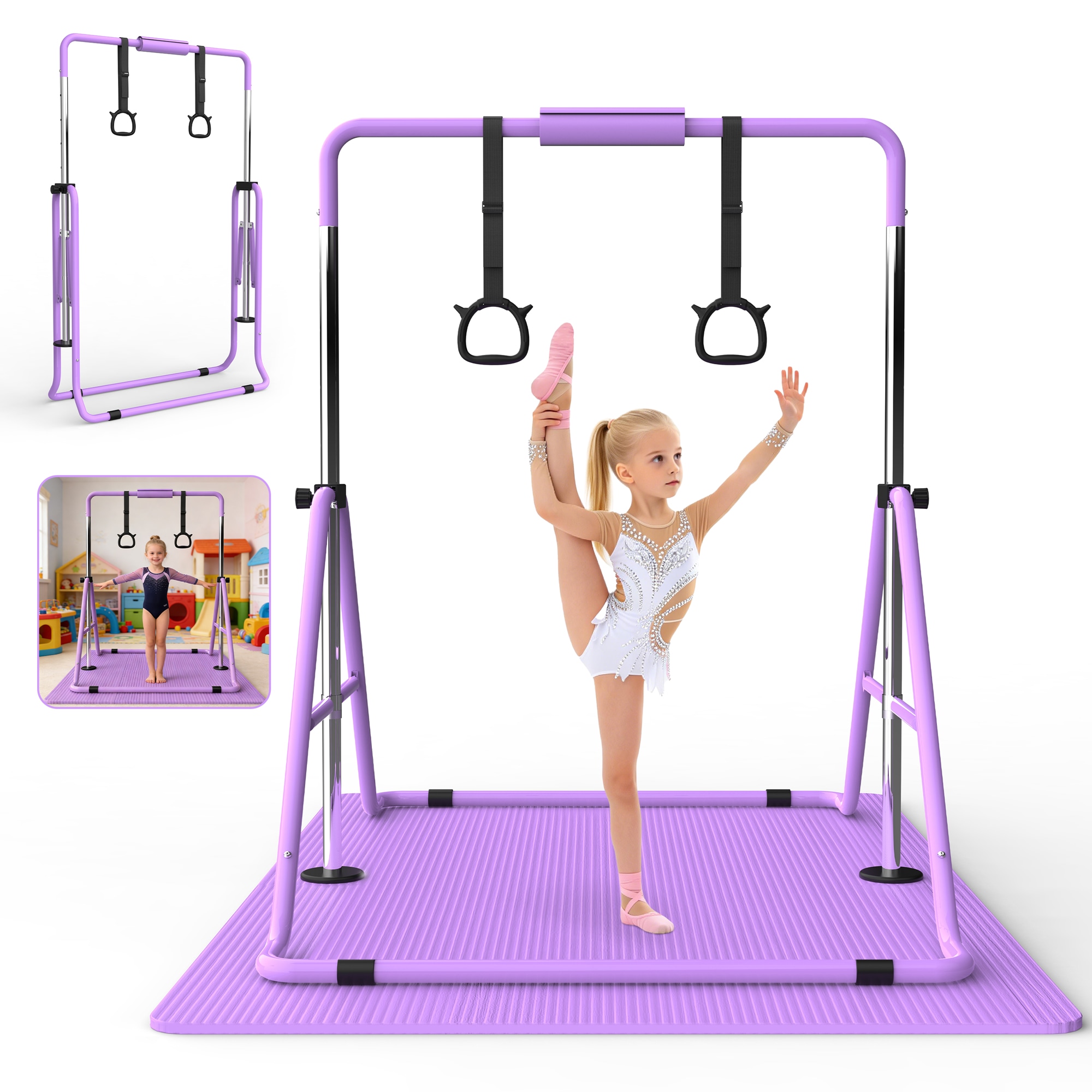 LUXEYARD Foldable kids gymnastics bar with adjustable height and mat ...