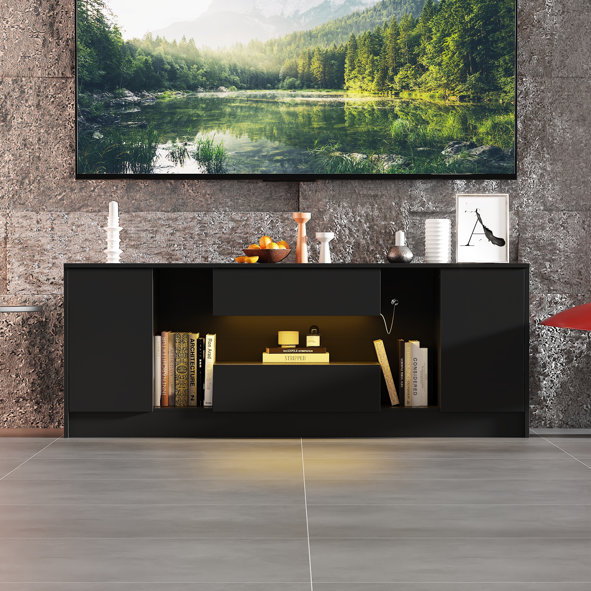 FUFU&GAGA Modern/Contemporary Black 63-in W TV cabinet Integrated TV ...