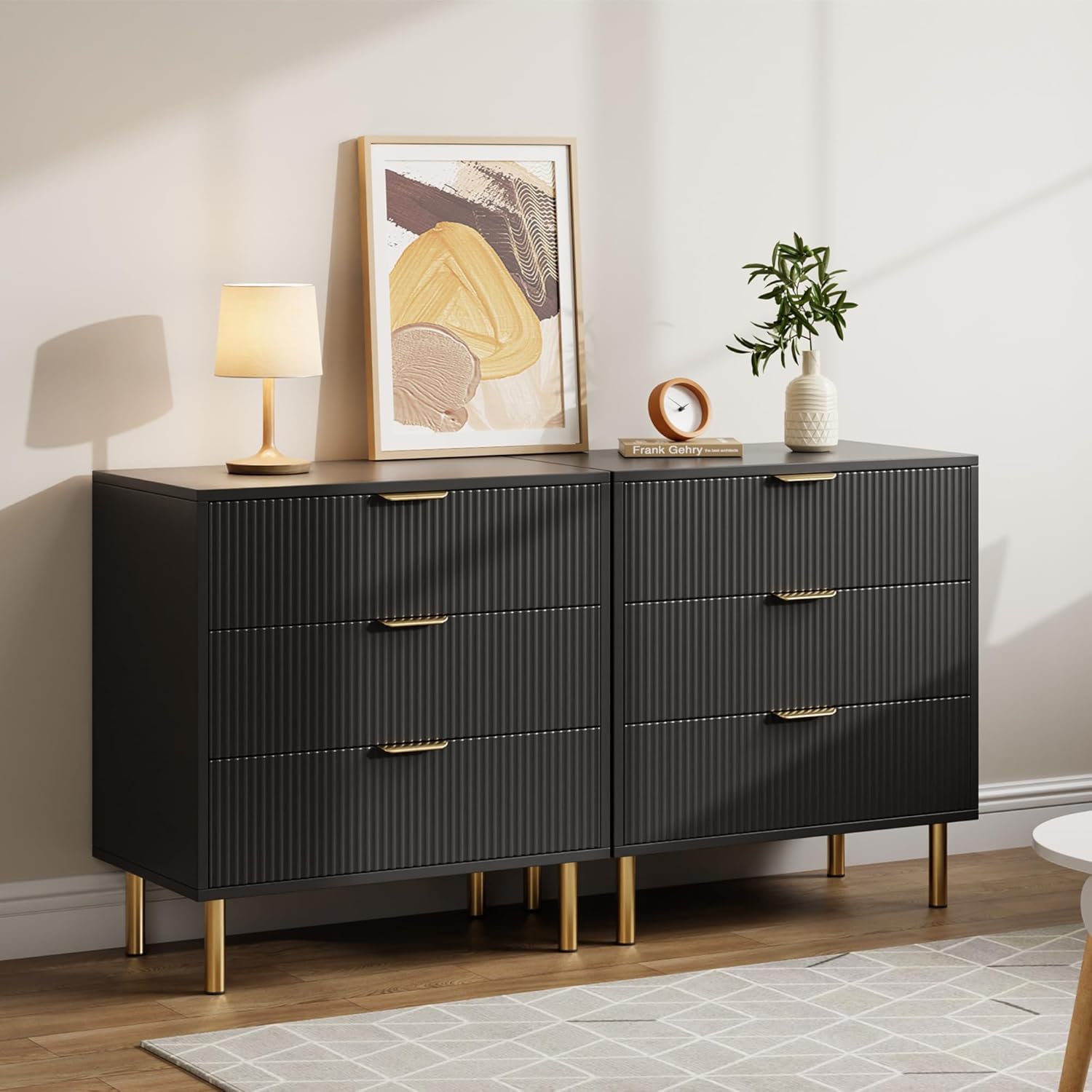 Garvee Modern 3-Drawer Black Dresser with Gold Handles and Fluted ...