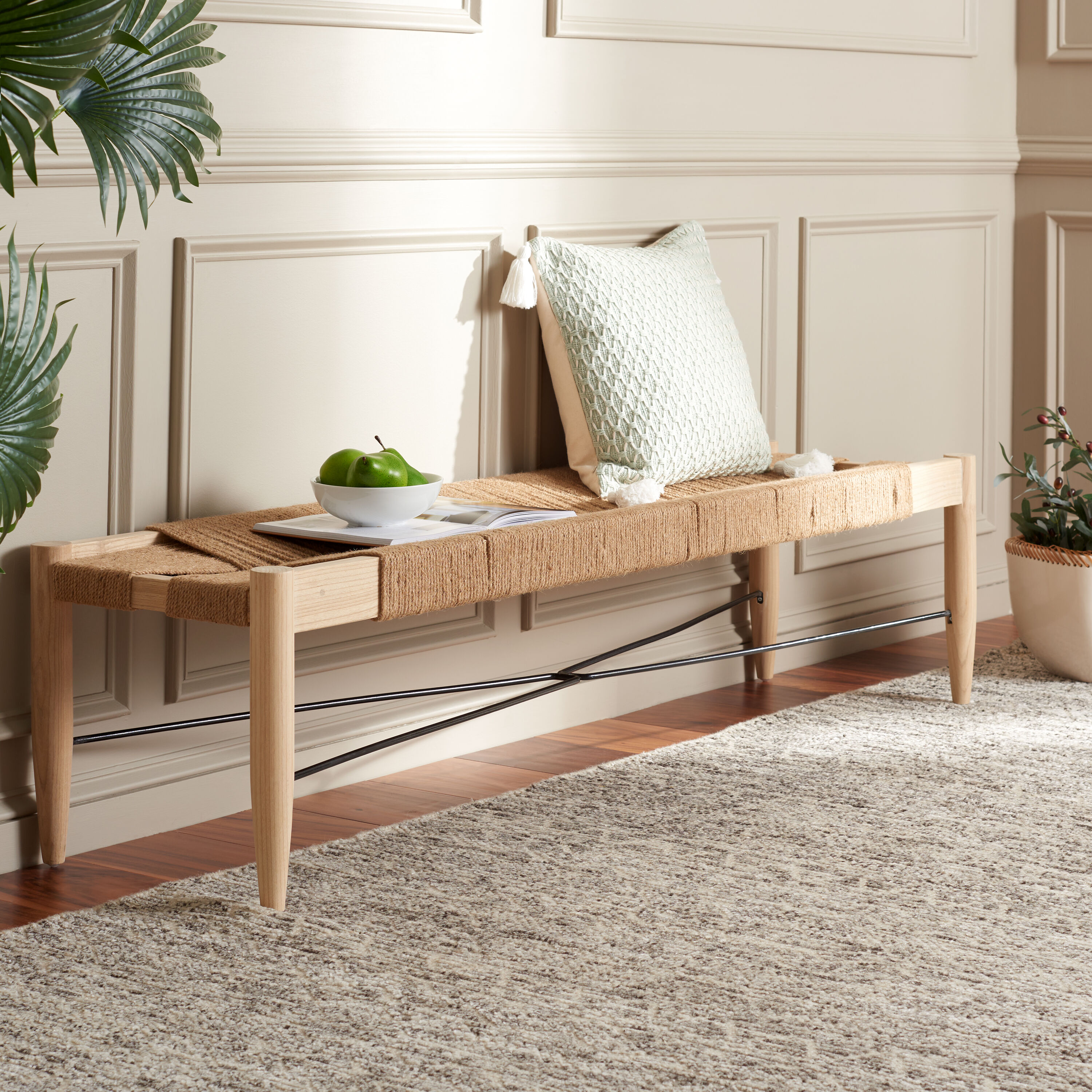 Safavieh Midcentury Natural/Black Accent Bench 64-in x 16.75-in x 16-in in the Benches ...