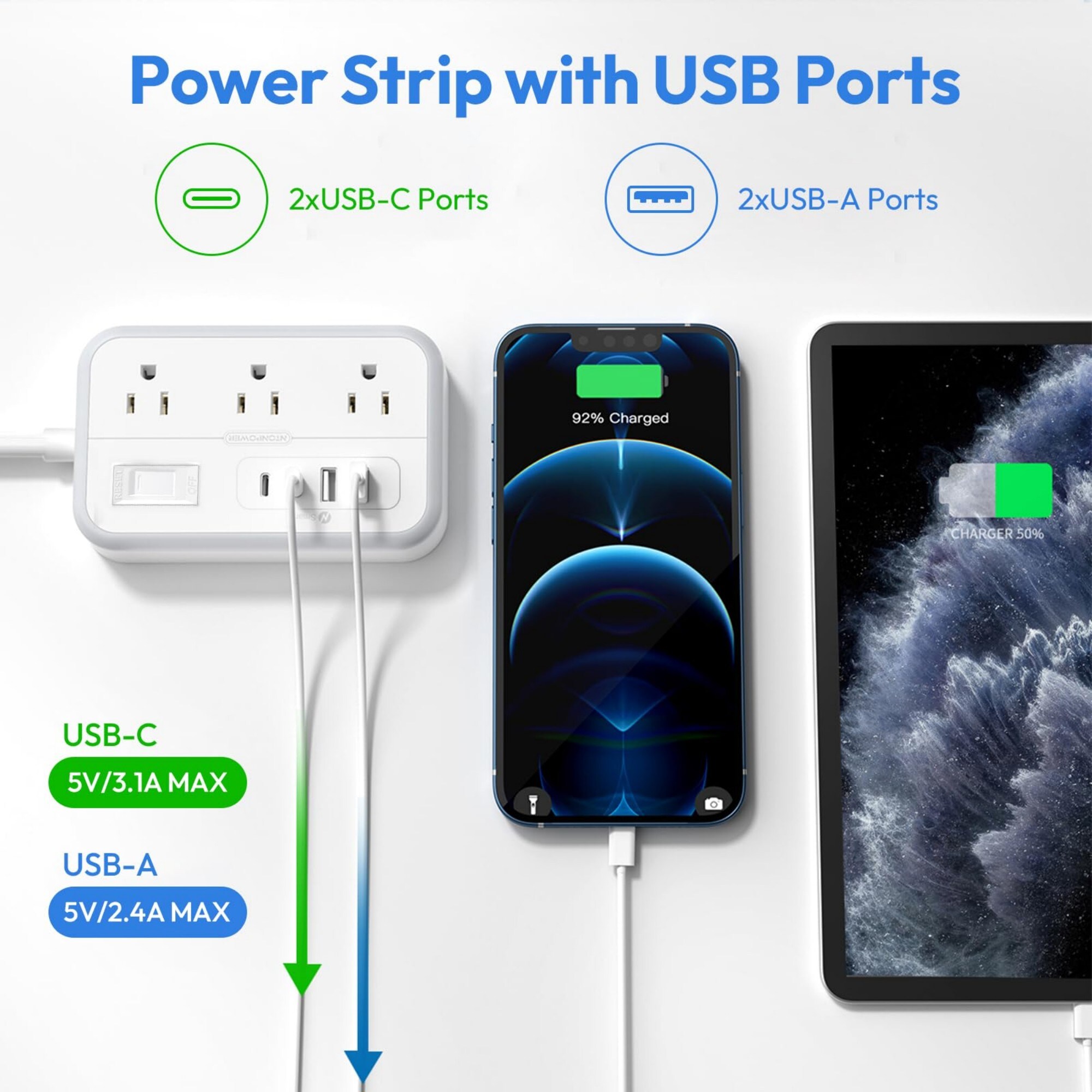 Numhew 15ft L 6-Outlet 4-USB White Flat Plug Power Strip Extension Cord ...