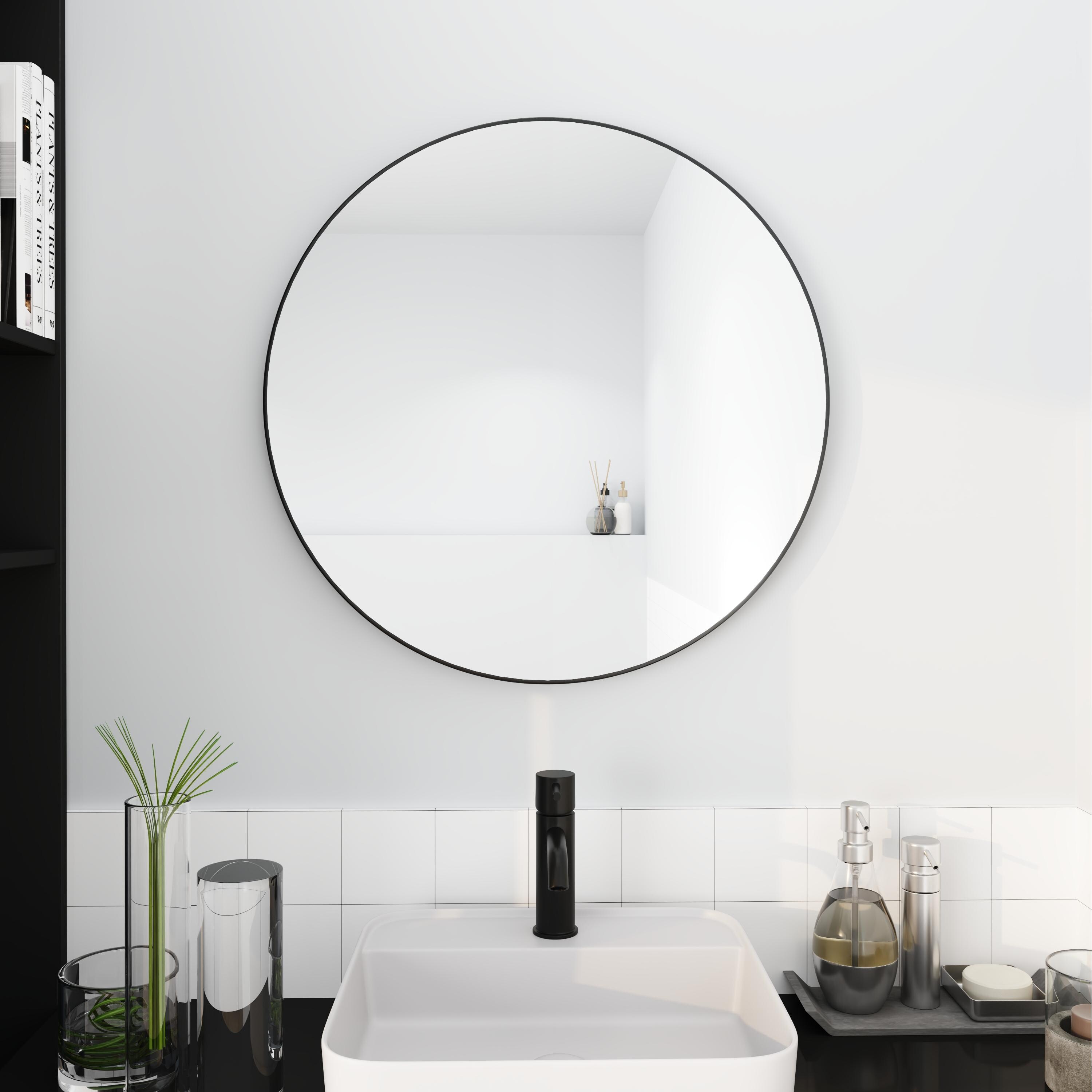 Bayfeve 32-in x 32-in Framed Round Bathroom Vanity Mirror ( Black ) in ...