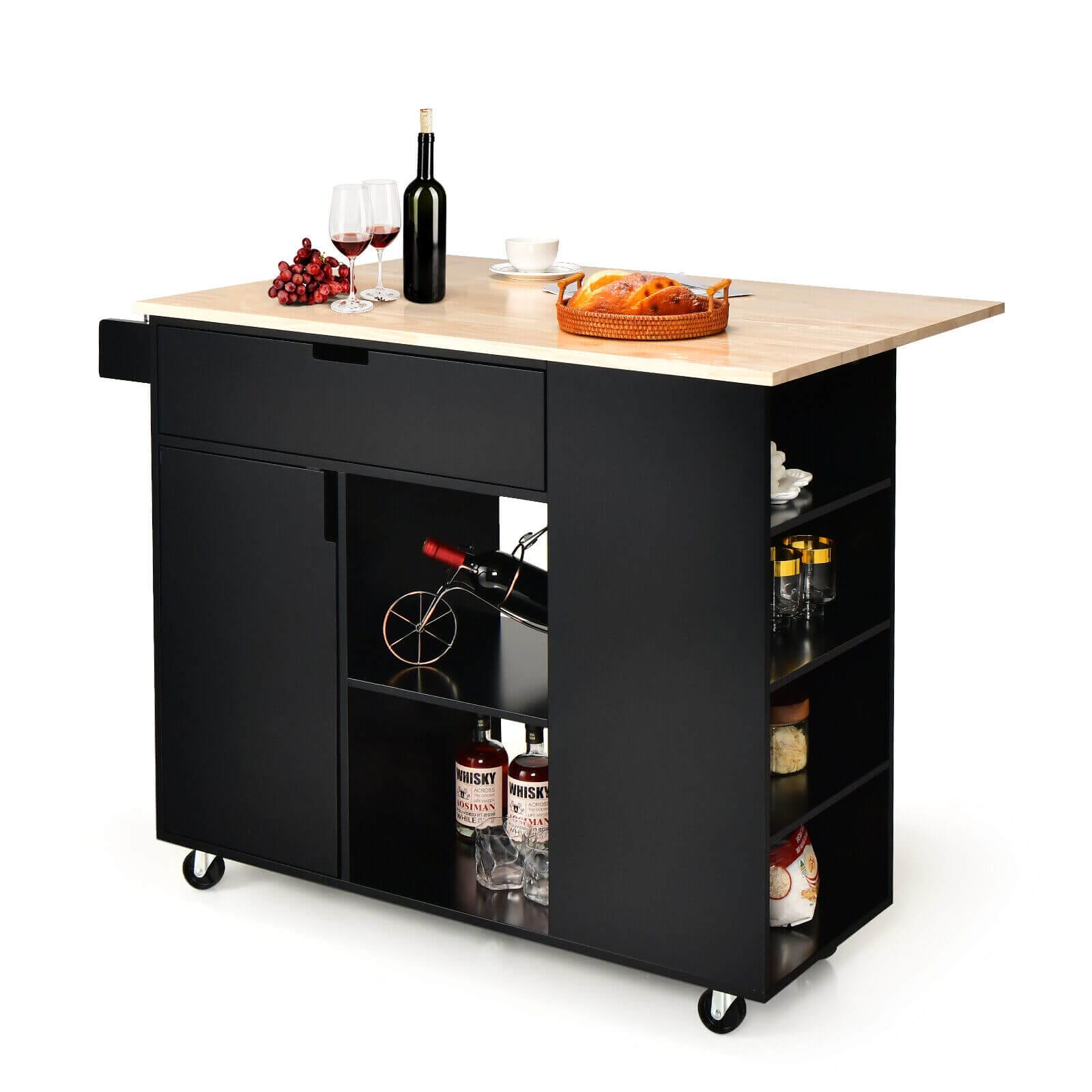 Fenbeli Drop Leaf Kitchen Island with Solid Rubber Wood Top and Storage ...