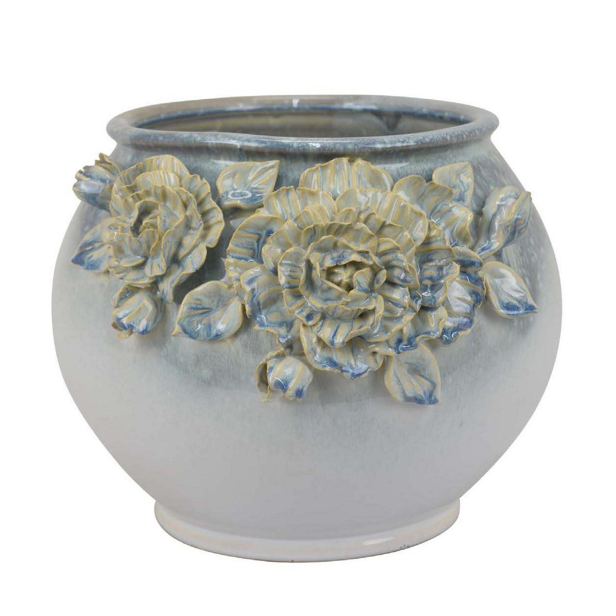 Watnature Planter 12 Inch Snow White Ceramic Floral Applique Accent ...