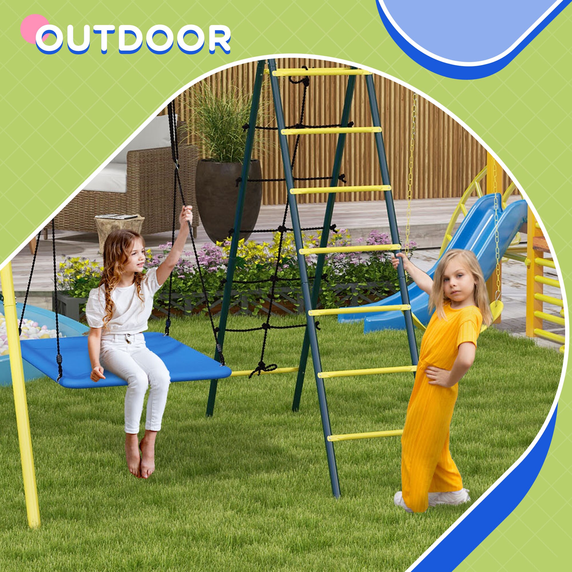 Outsunny Metal Swing Set for Backyard 5 in 1 Design with Nest Swing ...