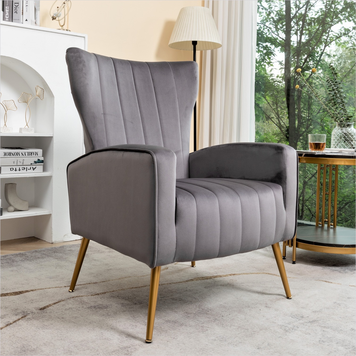 Watnature Velvet wingback chair with metal legs classic gray modern ...