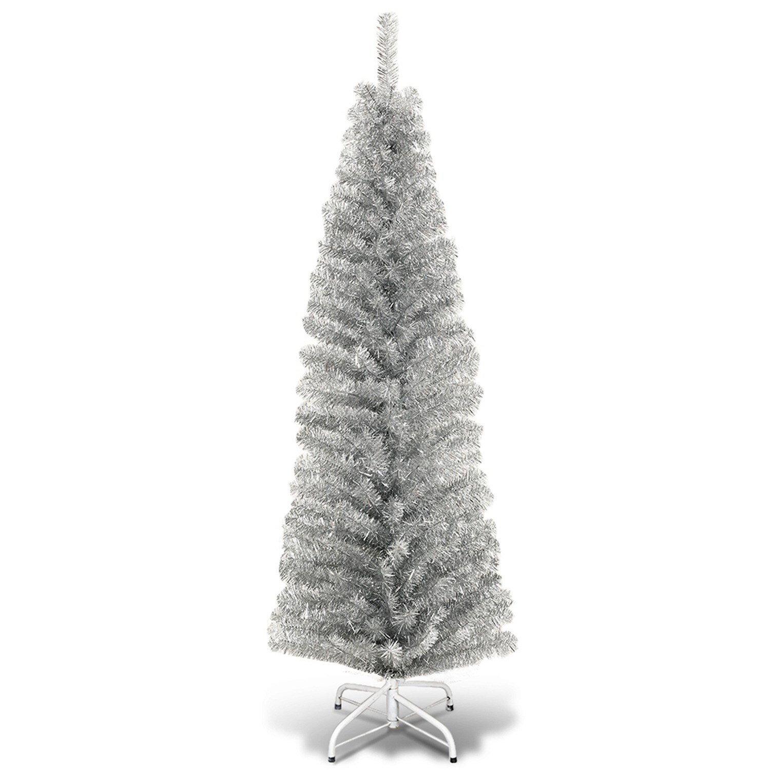 Costway 6FT Silver Tinsel Tree Unlit Slim Pencil Christmas Tree Metal ...