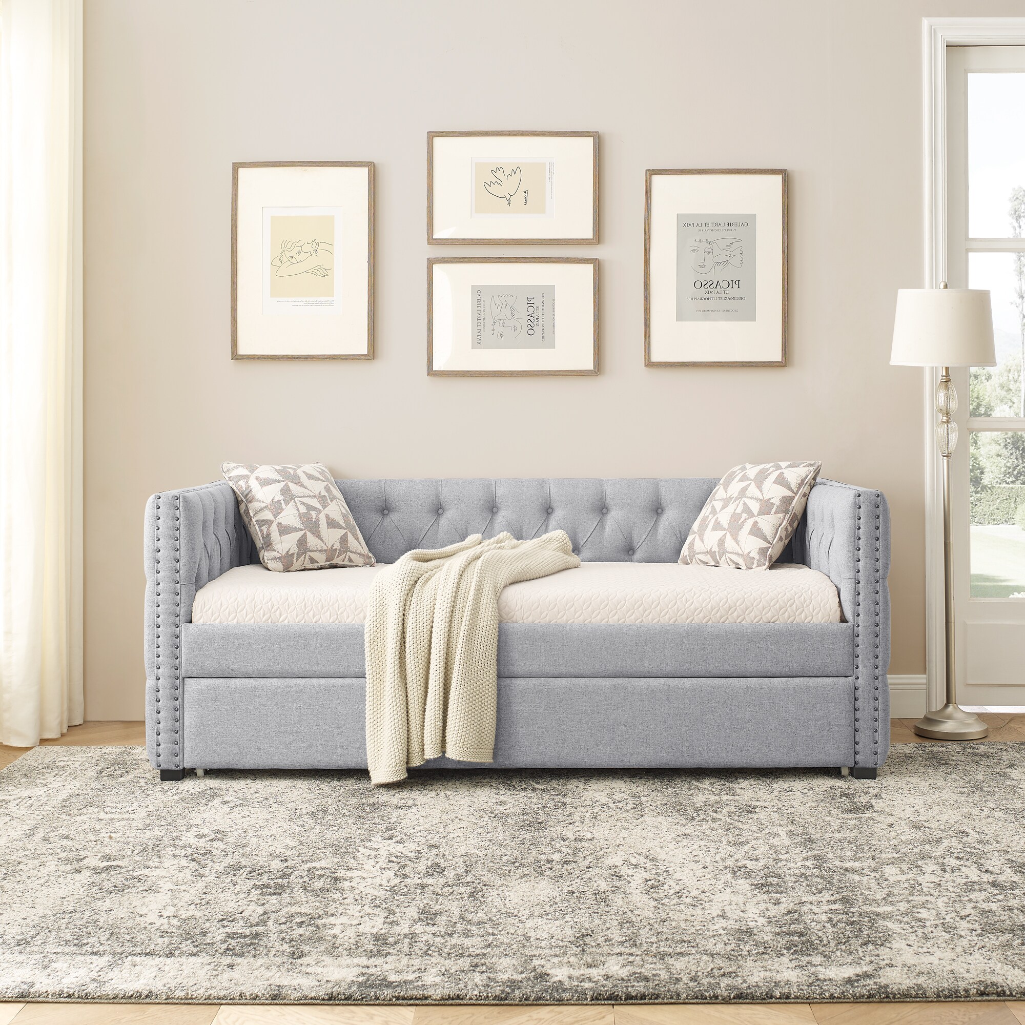 Huluwat Grey Upholstered Tufted Twin Daybed with Trundle Square Arms ...