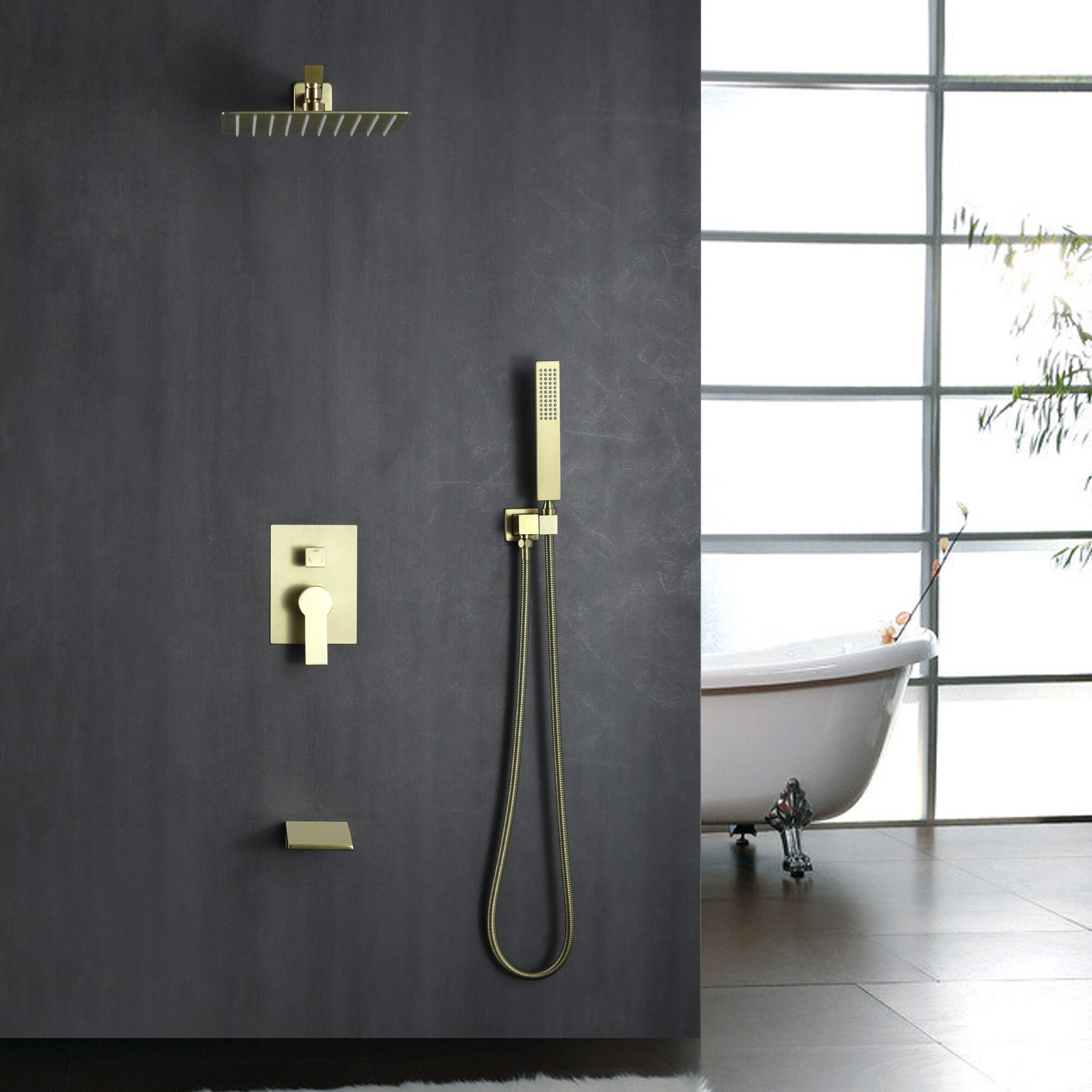 Wellfor Concealed Valve Shower System Brushed Gold Dual Head Waterfall