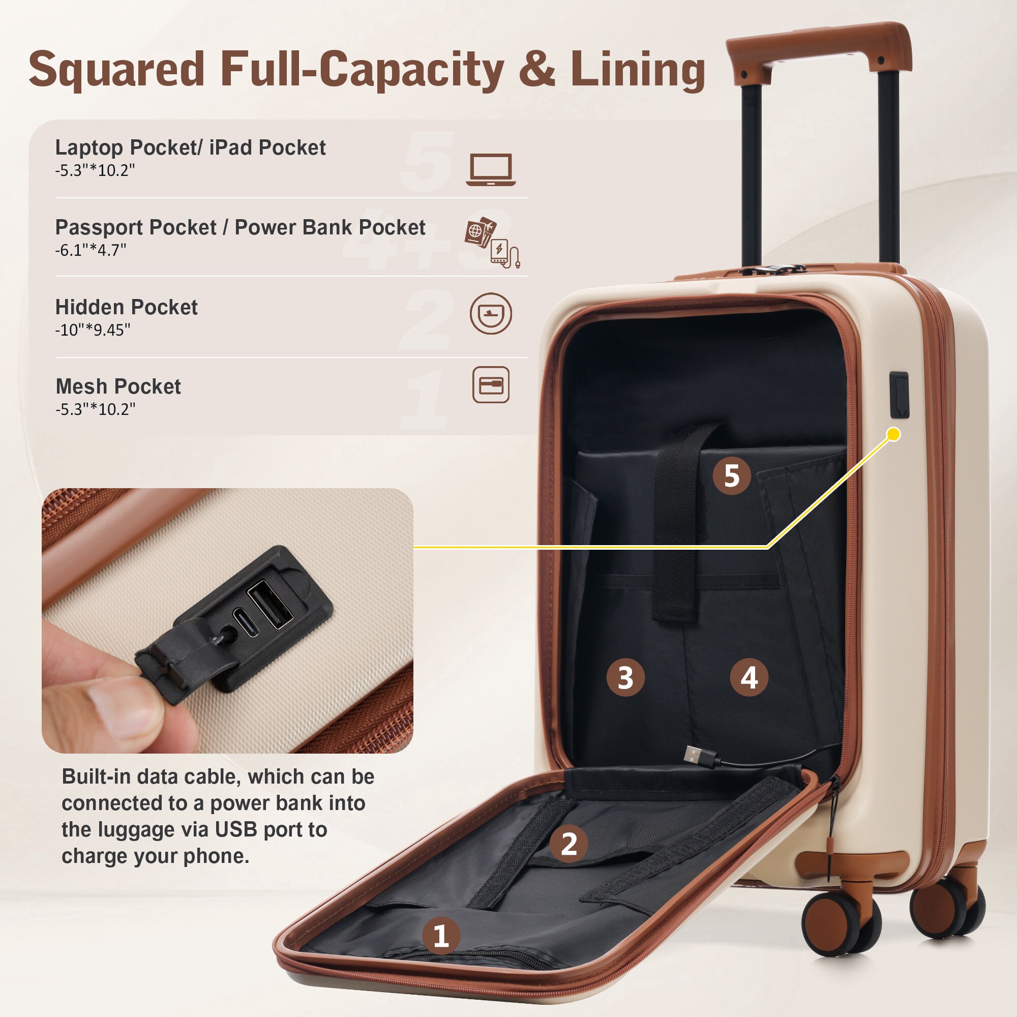 Misopily 5 Piece Luggage Set 20 Inch Front Opening Carry On with USB 24 ...