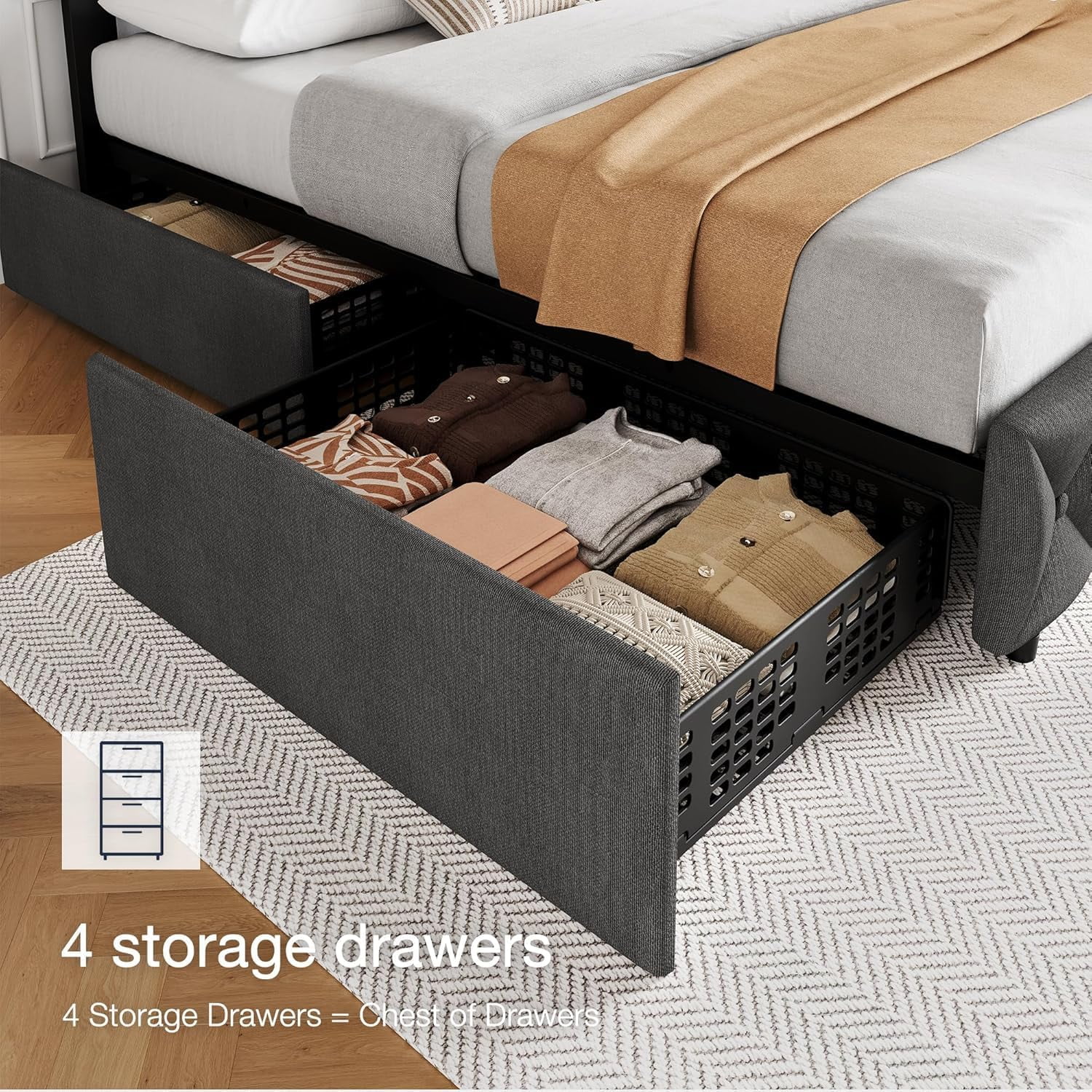 GarveeLife Queen Size Bed Frame/ Adjustable Tufted Headboard/ 4 Storage ...
