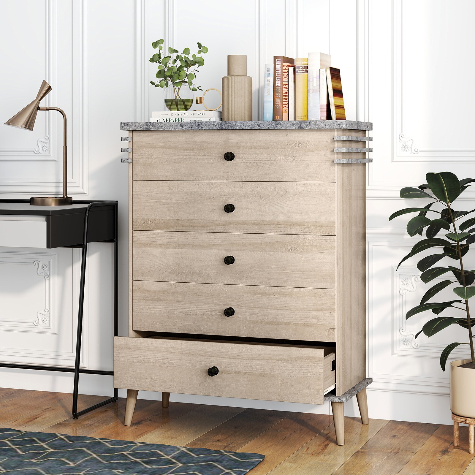 SUGIFT Farmhouse 5-Drawer Tall Chest Dresser with Interlock Safety ...