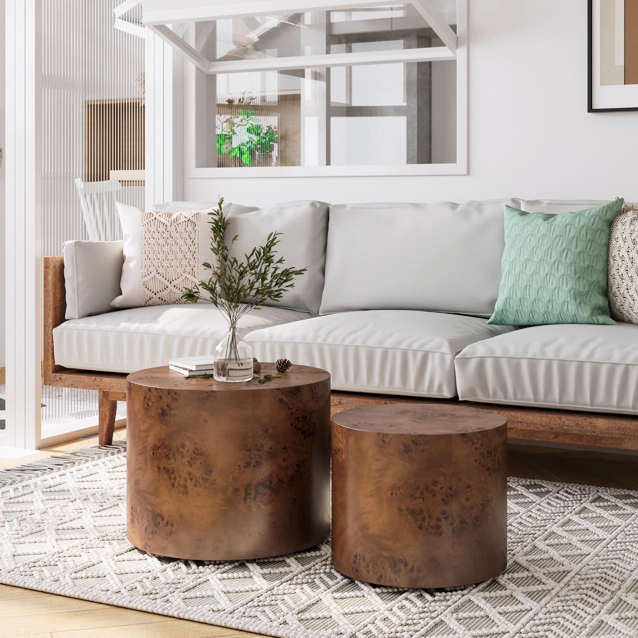 LUXEYARD Nesting Coffee Table Set Of 2 Modern Round Coffee Table Wooden ...