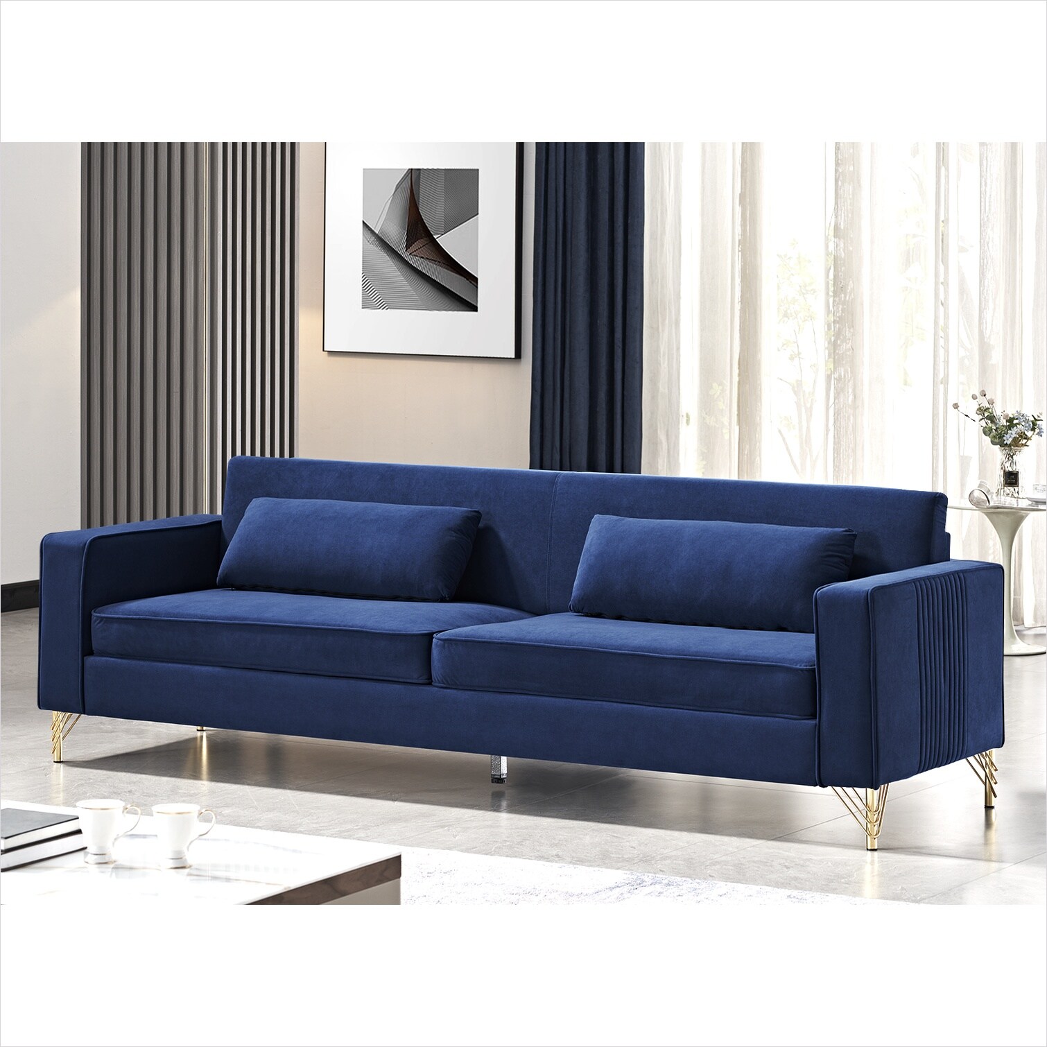 Naturefalls Living Room Velvet Sofa Blue-Toned Upholstery 3-Seater ...
