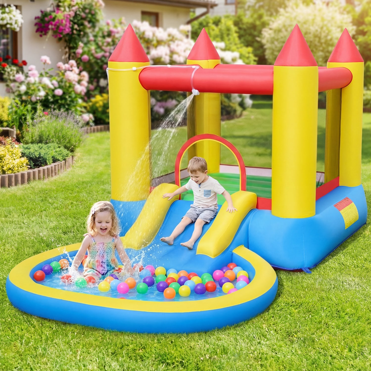 Slickblue Inflatable Bounce House with Water Slide Splash Pool Bounce ...