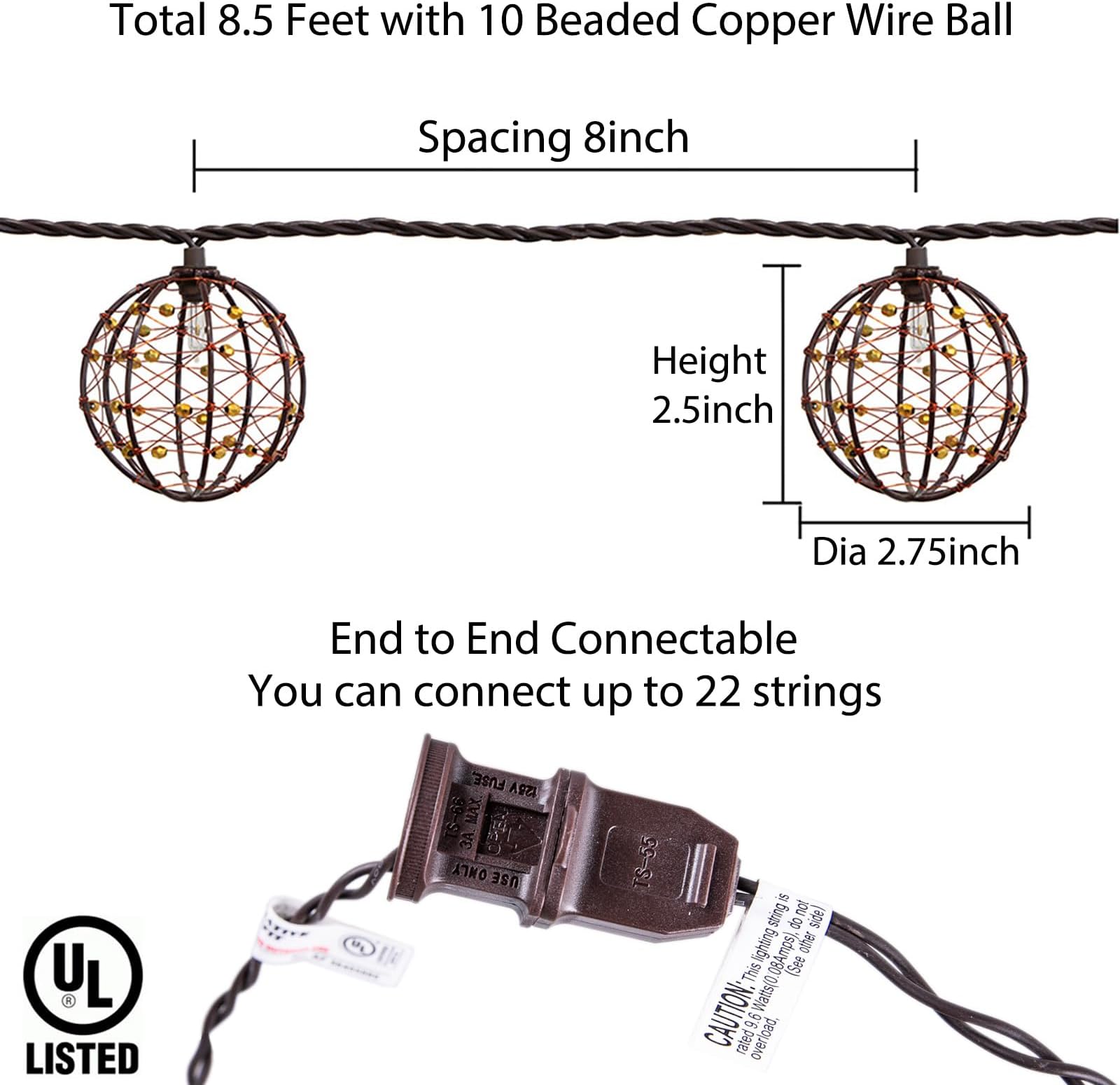 Afoxsos 10 Piece 8.5 ft Beaded Copper Wire Ball Patio String Lights ...