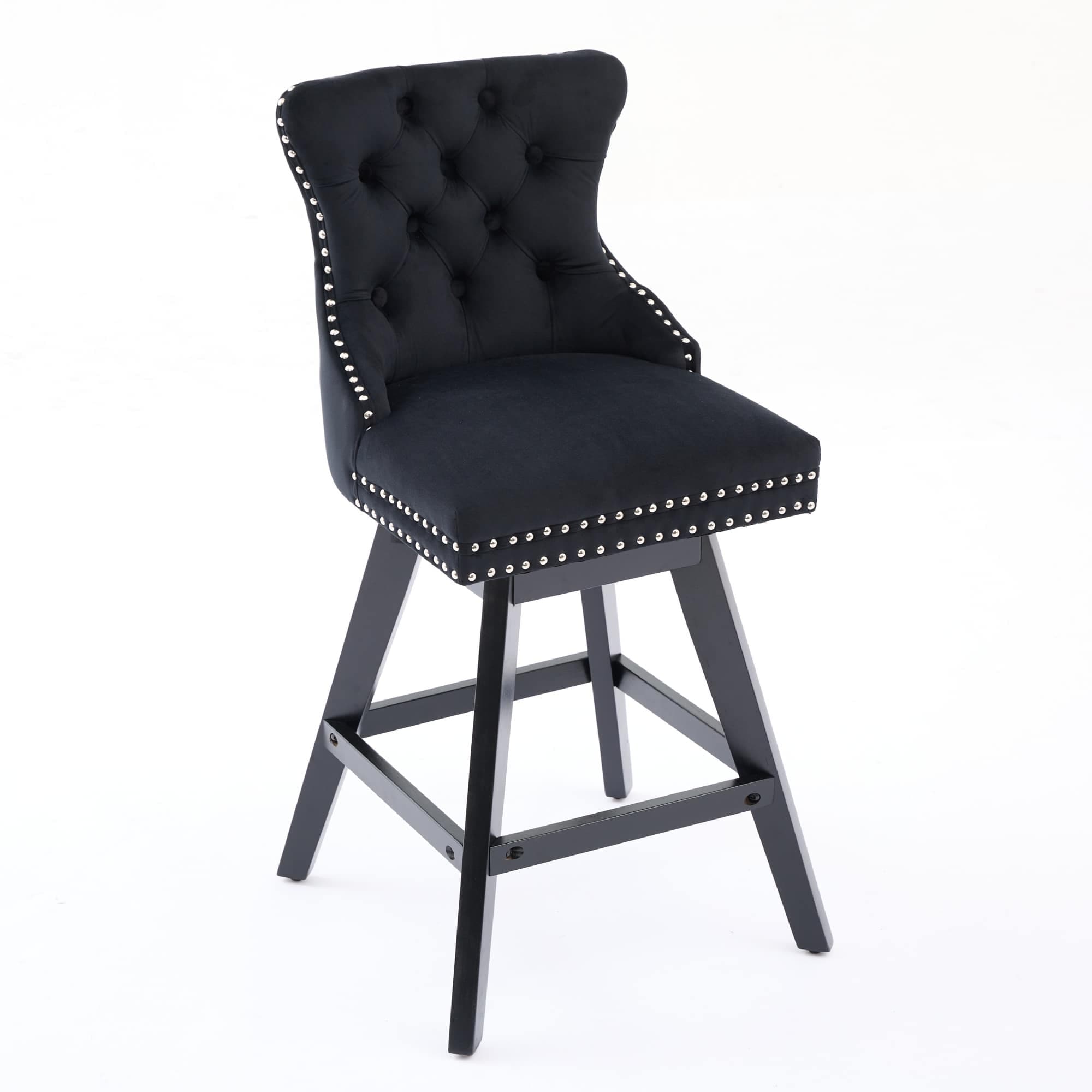 Vynxaria Black Velvet Button Tufted Swivel Barstool Set of 2 Chrome ...