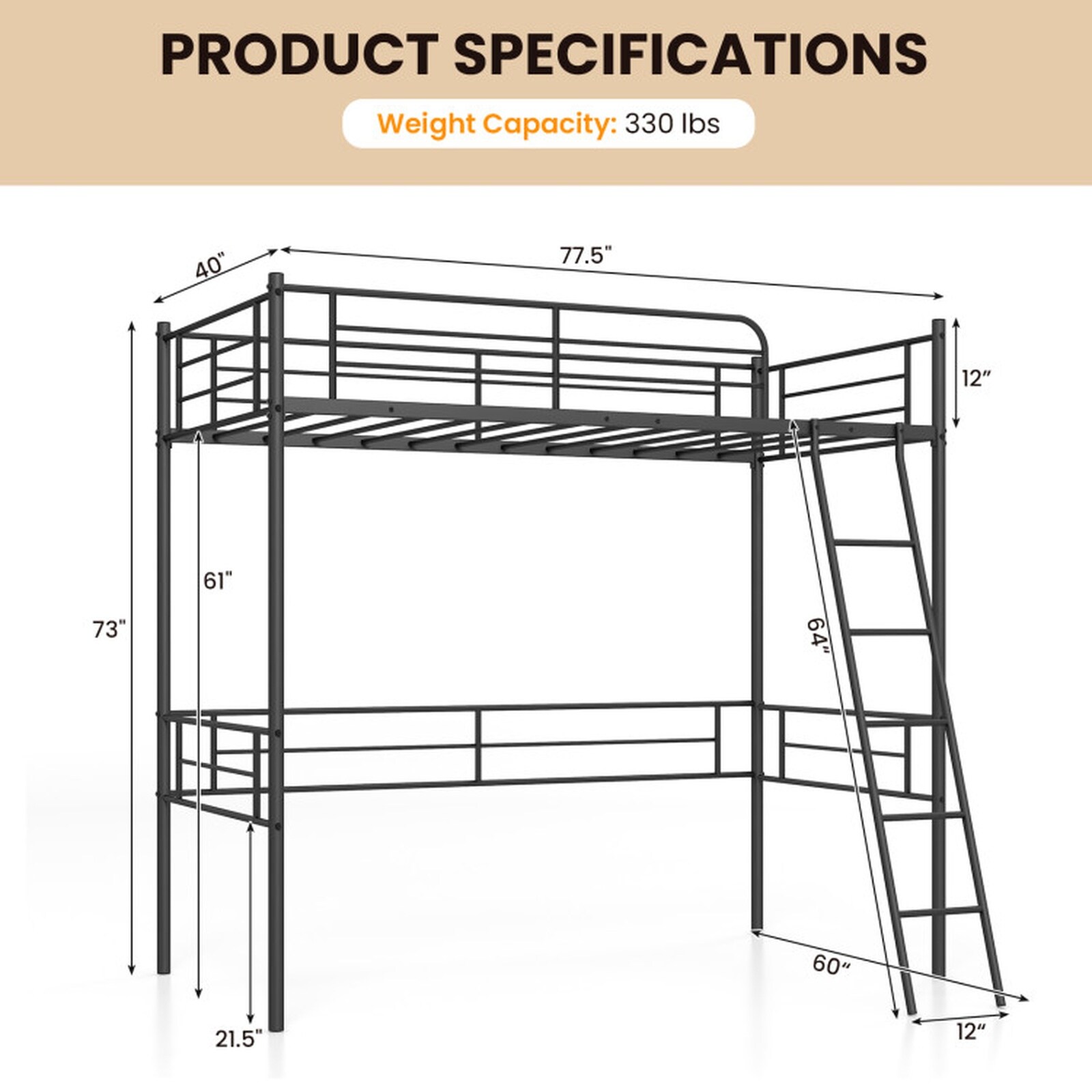 SUGIFT Metal Loft Twin Bed Frame Single High Loft Bed-Black in the Beds ...