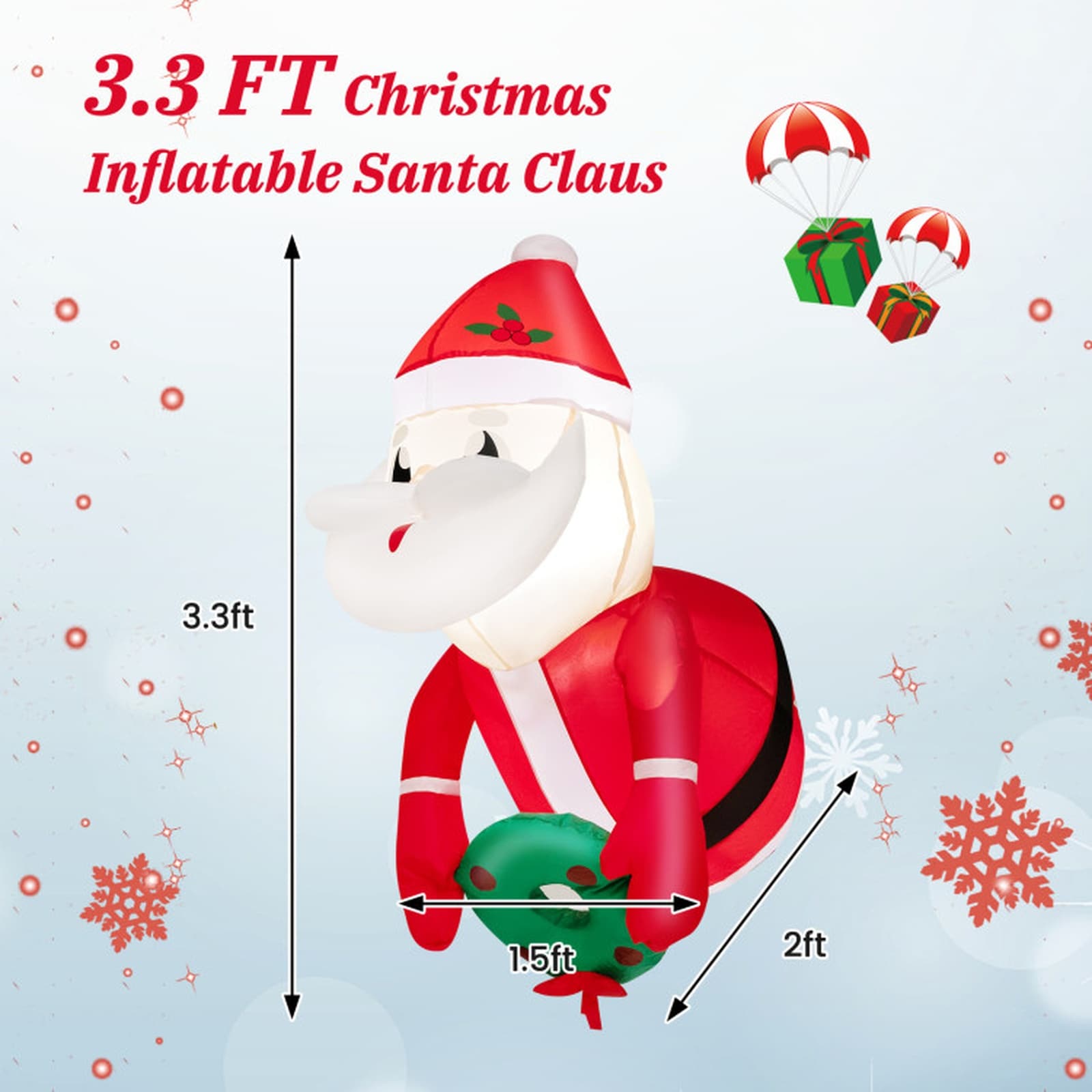 SUGIFT 3.3-ft Inflatable Window-Mount Santa with 2 LED Lights and ...
