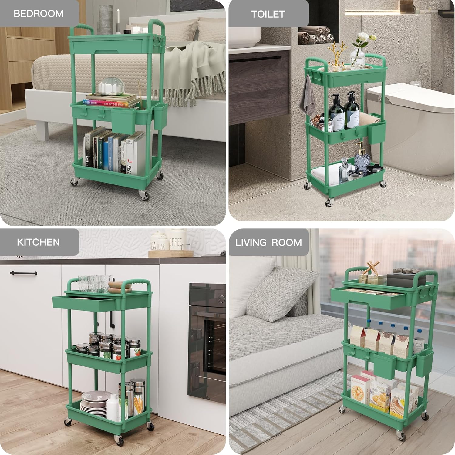 TomCare 3 Tier Rolling Utility Cart with Drawer Sturdy Multifunctional ...
