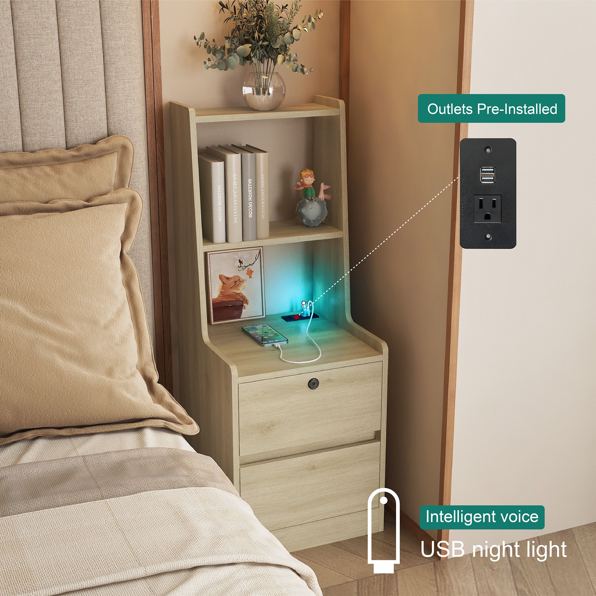 YOSIMFUR Nightstand with Charging Station Smart Nightstand with Night ...