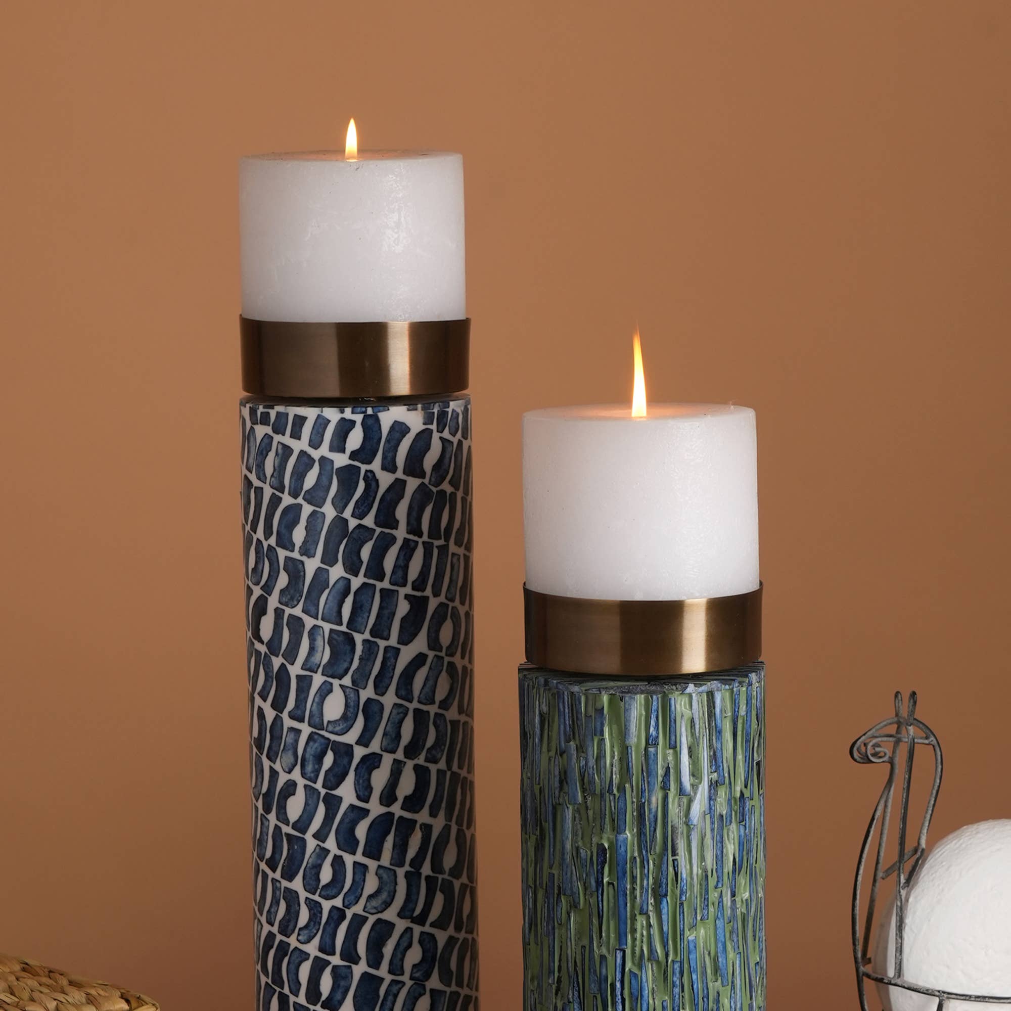 LUXEYARD Elegant Handcrafted Candle Stand Blue Bone White Resin Inlay ...