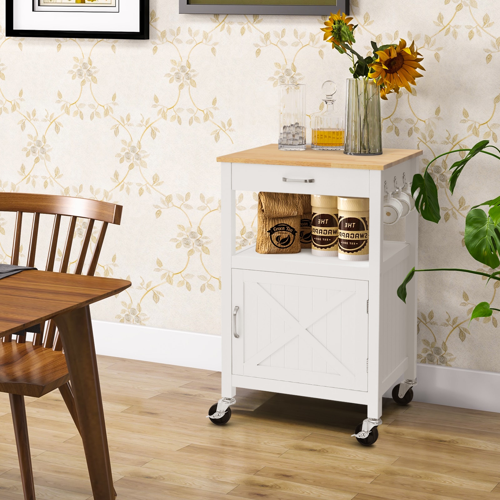 SUGIFT Rolling Kitchen Island Cart With Drawer Single Door Cabinet Open ...