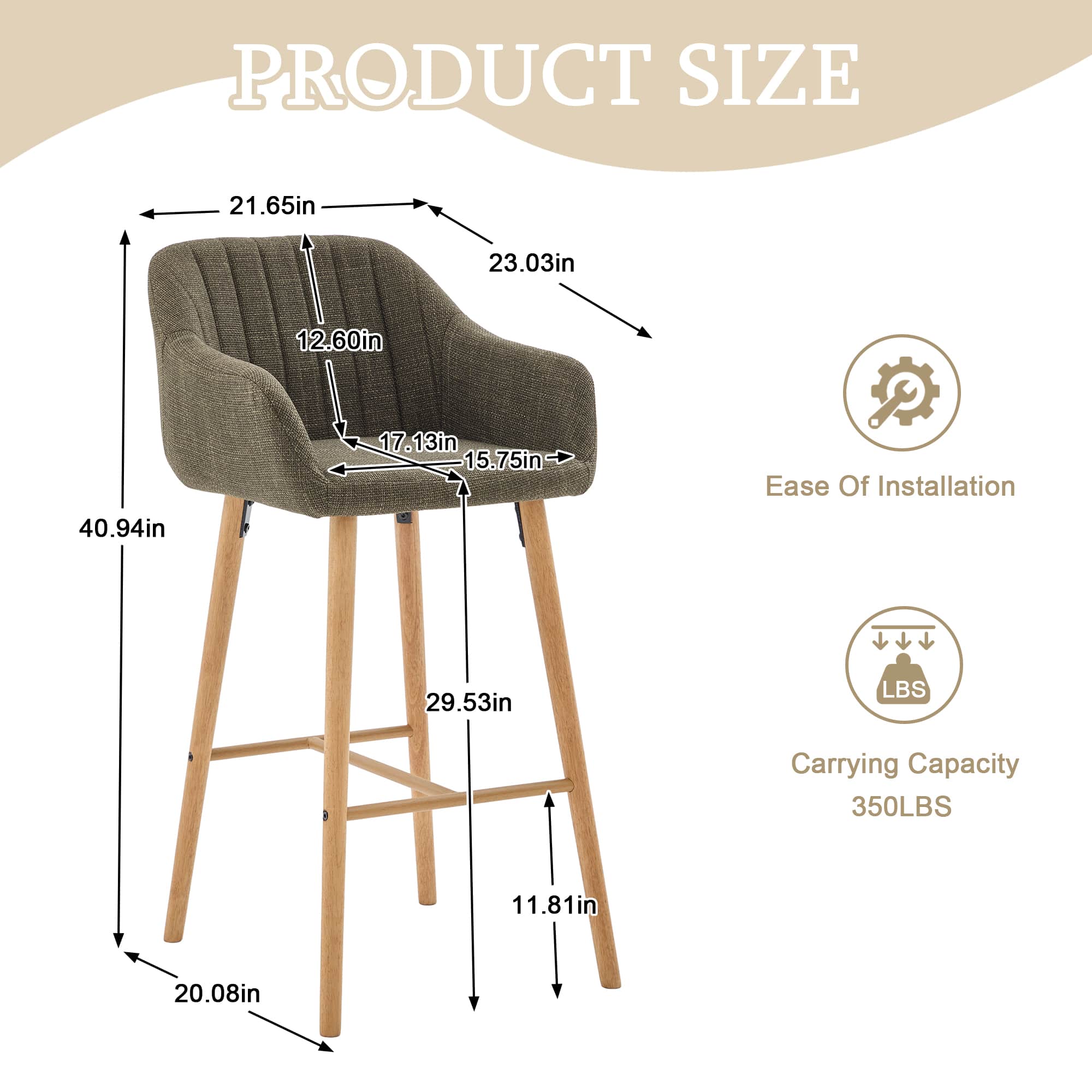 Vynxaria Modern Bar Stools Set of 2 Linen Fabric Upholstered with Back ...