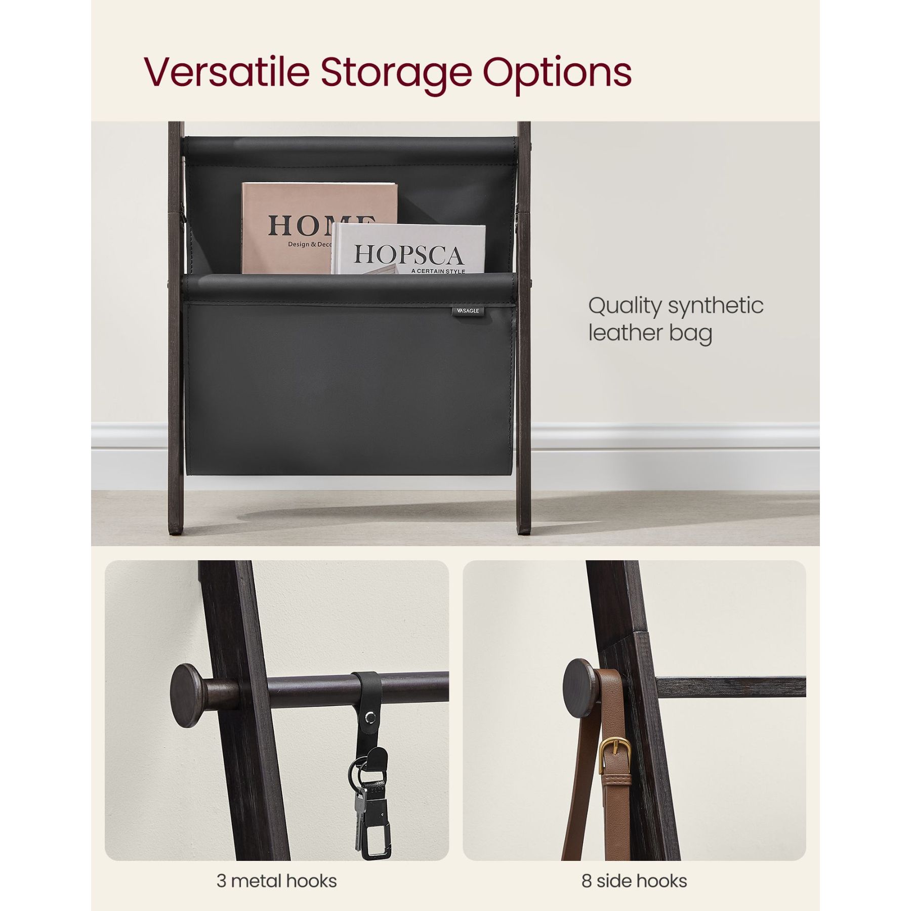 Slickblue Wooden Ink Black/ Cream White Blanket Ladder with 3 Hooks and ...